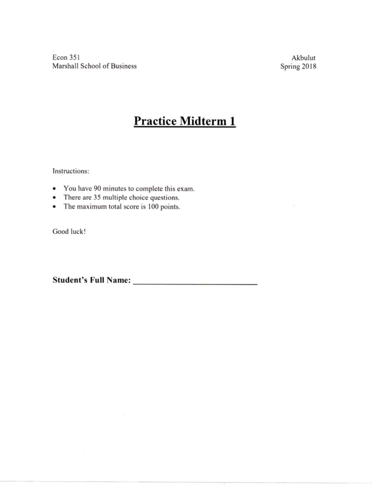 Practice Midterm 1 - Key - ECON 351x - Studocu