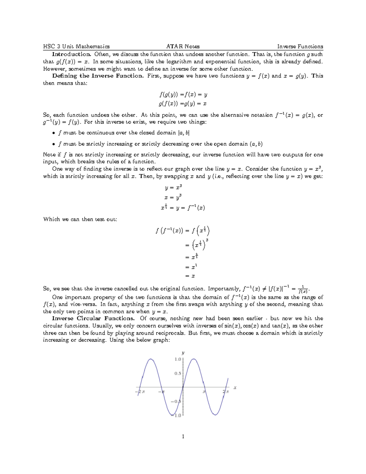 Inverse Functions Notes Hsc 3 Unit Mathematics Atar Notes Inverse