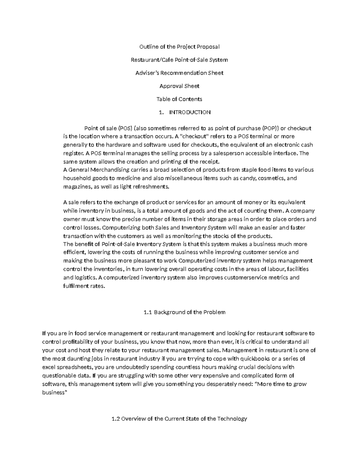Proposal POS system - Outline of the Project Proposal Restaurant/Cafe ...