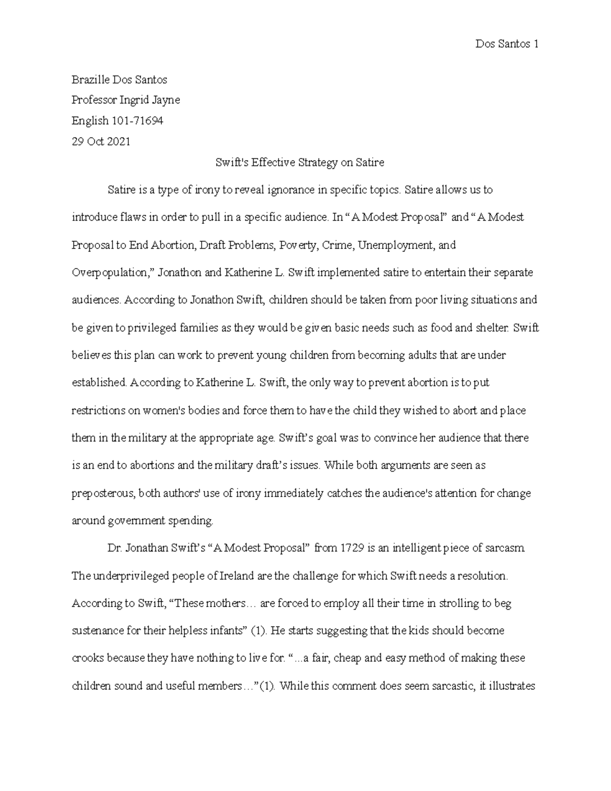 Swift - Brazille Dos Santos Professor Ingrid Jayne English 101- 29 Oct ...
