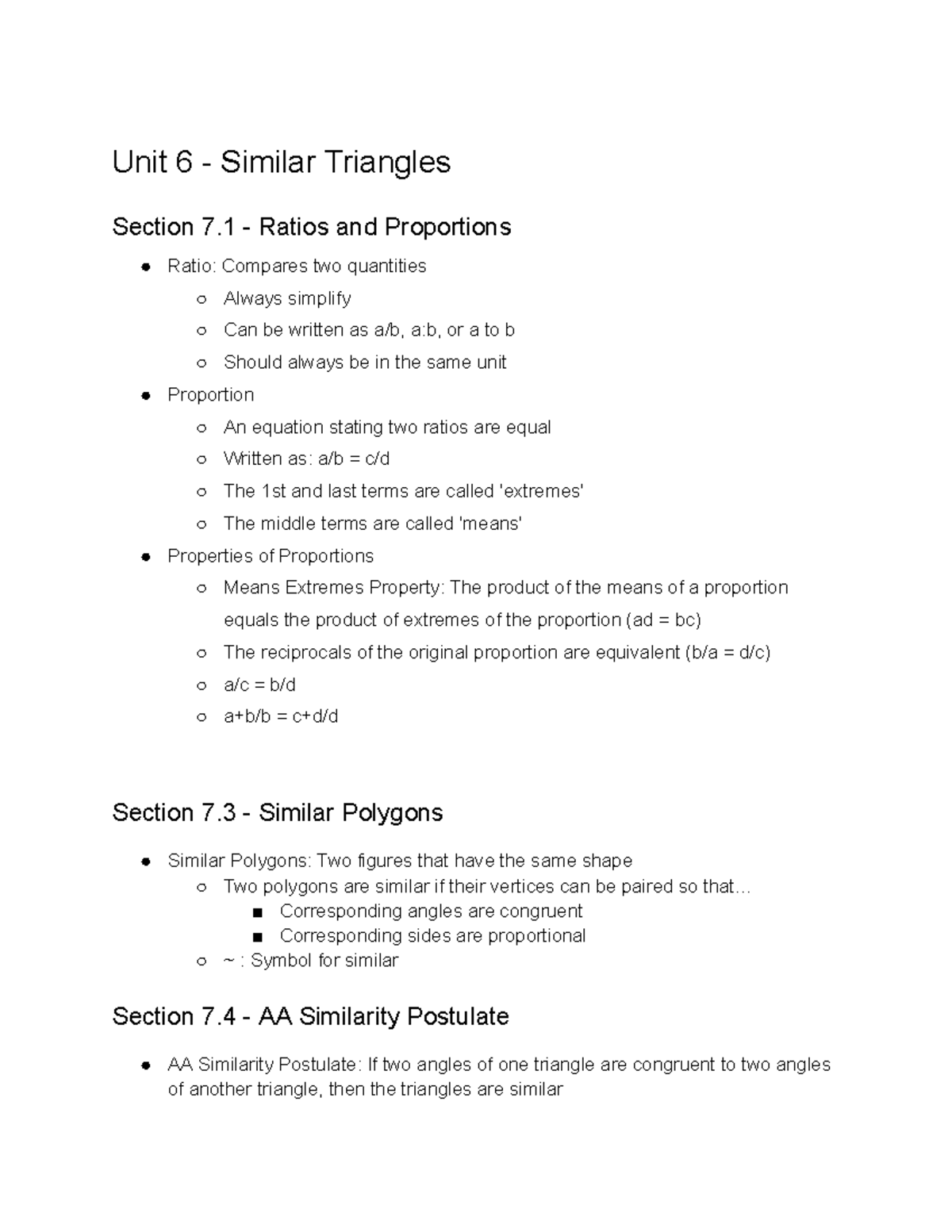 Geometry Unit 6 Notes - Similar Triangles - Unit 6 - Similar Triangles ...
