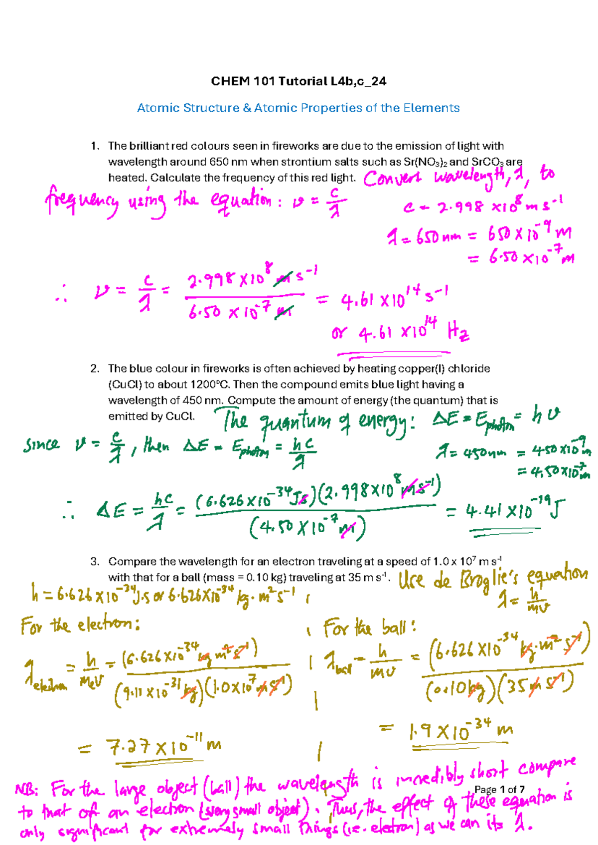 CHEM 101 Tutorial L4b,c 24 Solutions - Page 1 of 7 CHEM 101 Tutorial L 4 b,c_ Atomic Structure ...