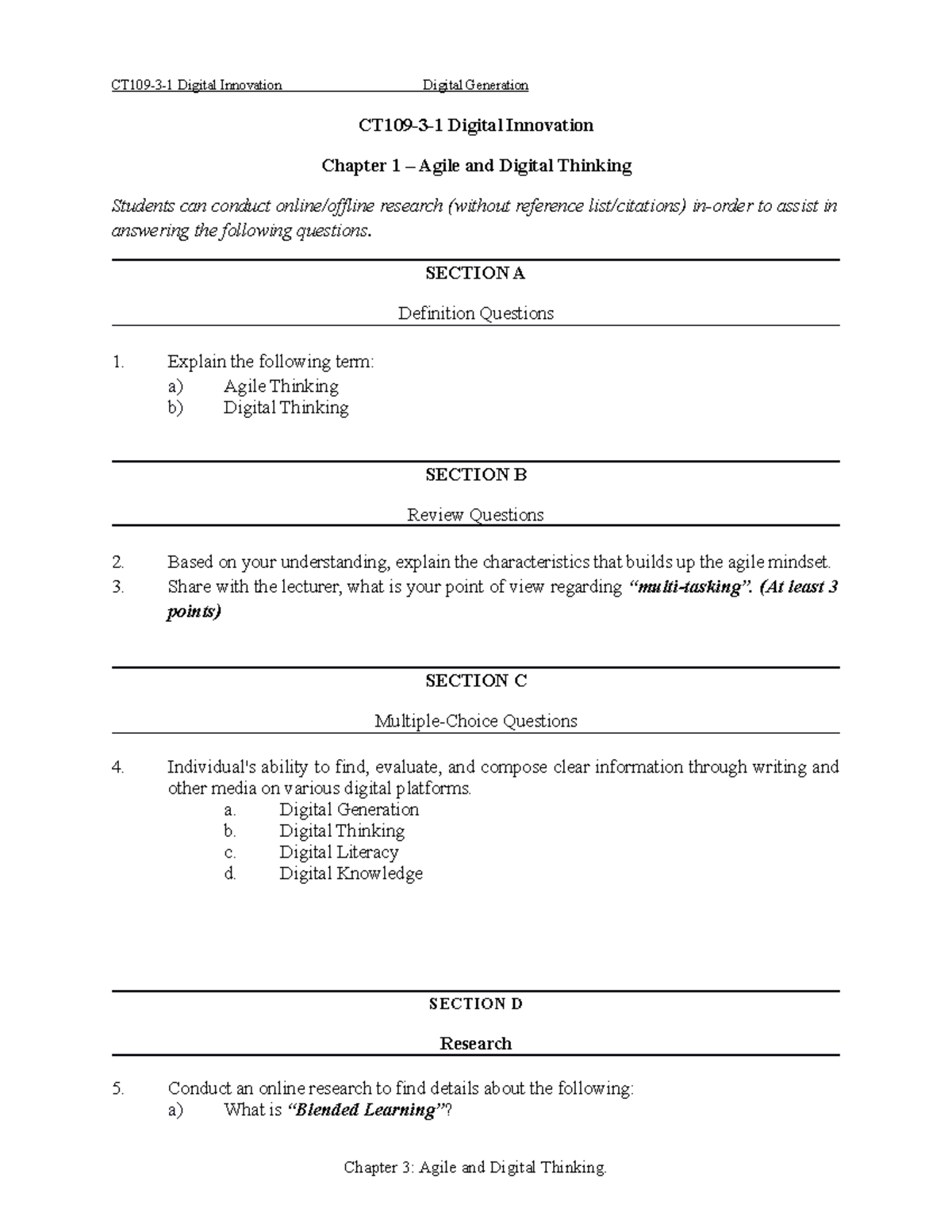 Chapter 1 Agile and Digital Thinking - Questions - CT109-3-1 Digital ...