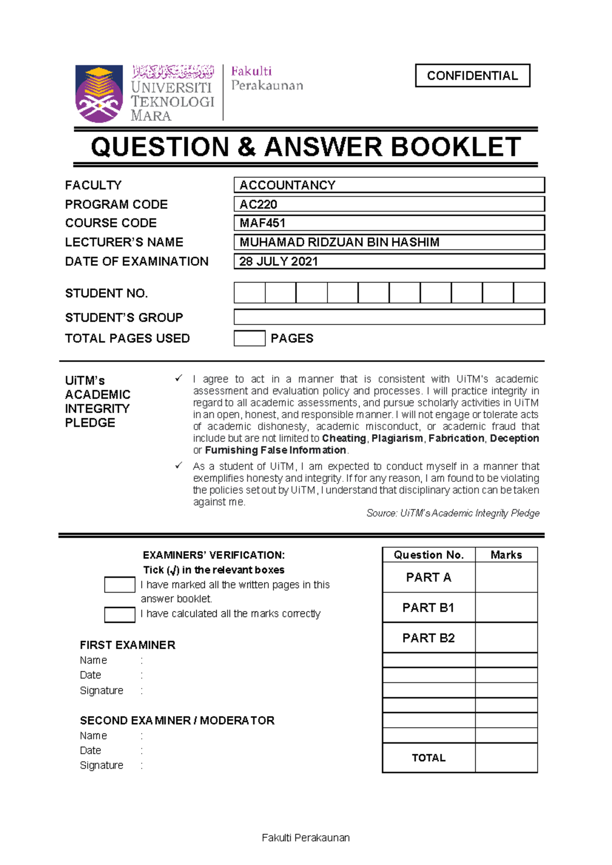 Final Assessment Question MAF451 JULY 2021 - QUESTION & ANSWER BOOKLET ...
