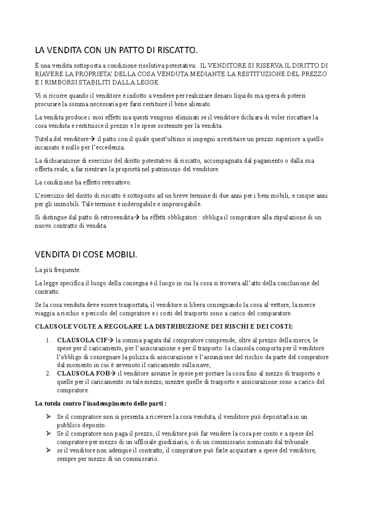 LA Vendita CON UN Patto DI Riscatto riassunto - LA VENDITA CON UN PATTO ...