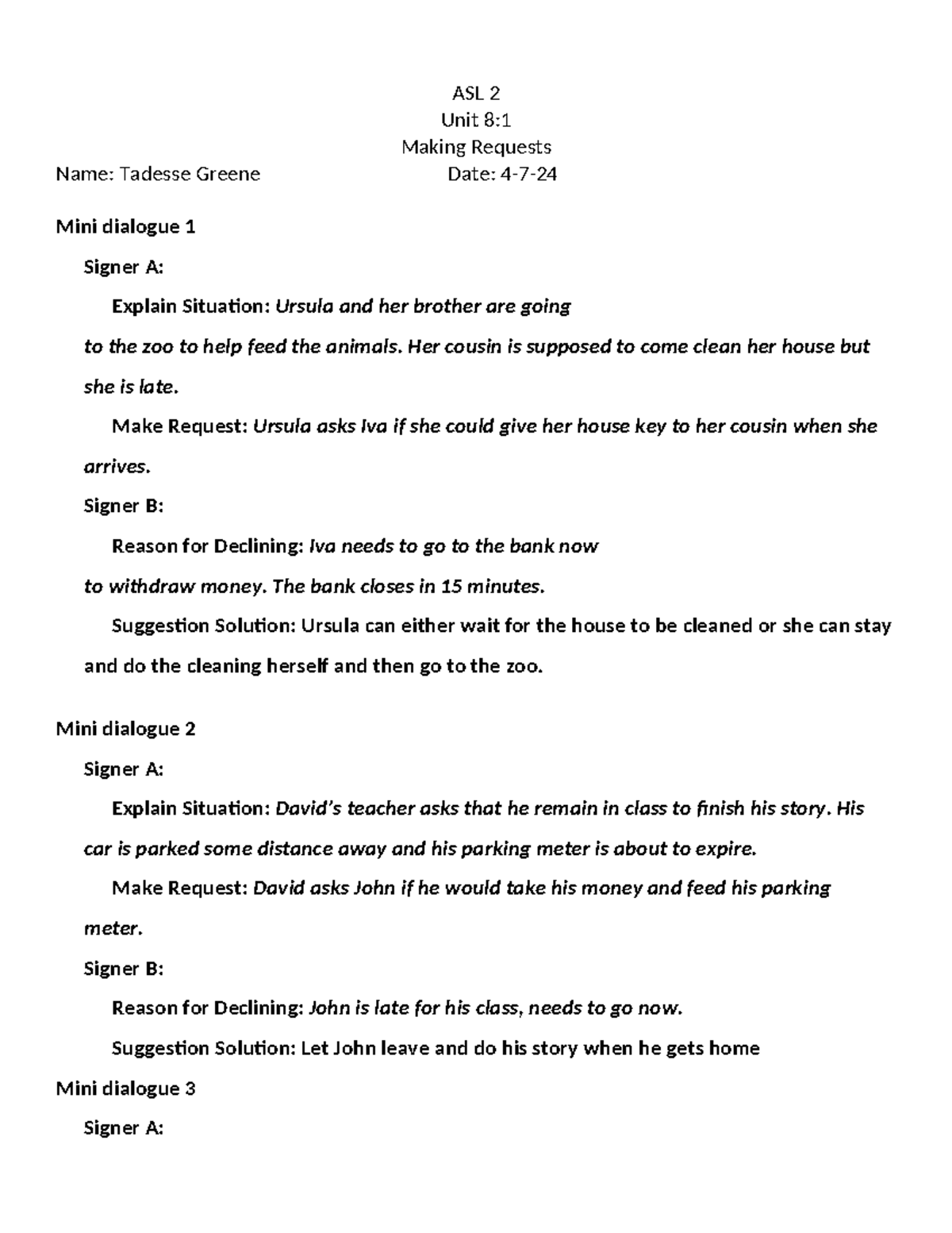Copy of 8.1 HW - Answer key - ASL 2 Unit 8: Making Requests Name ...