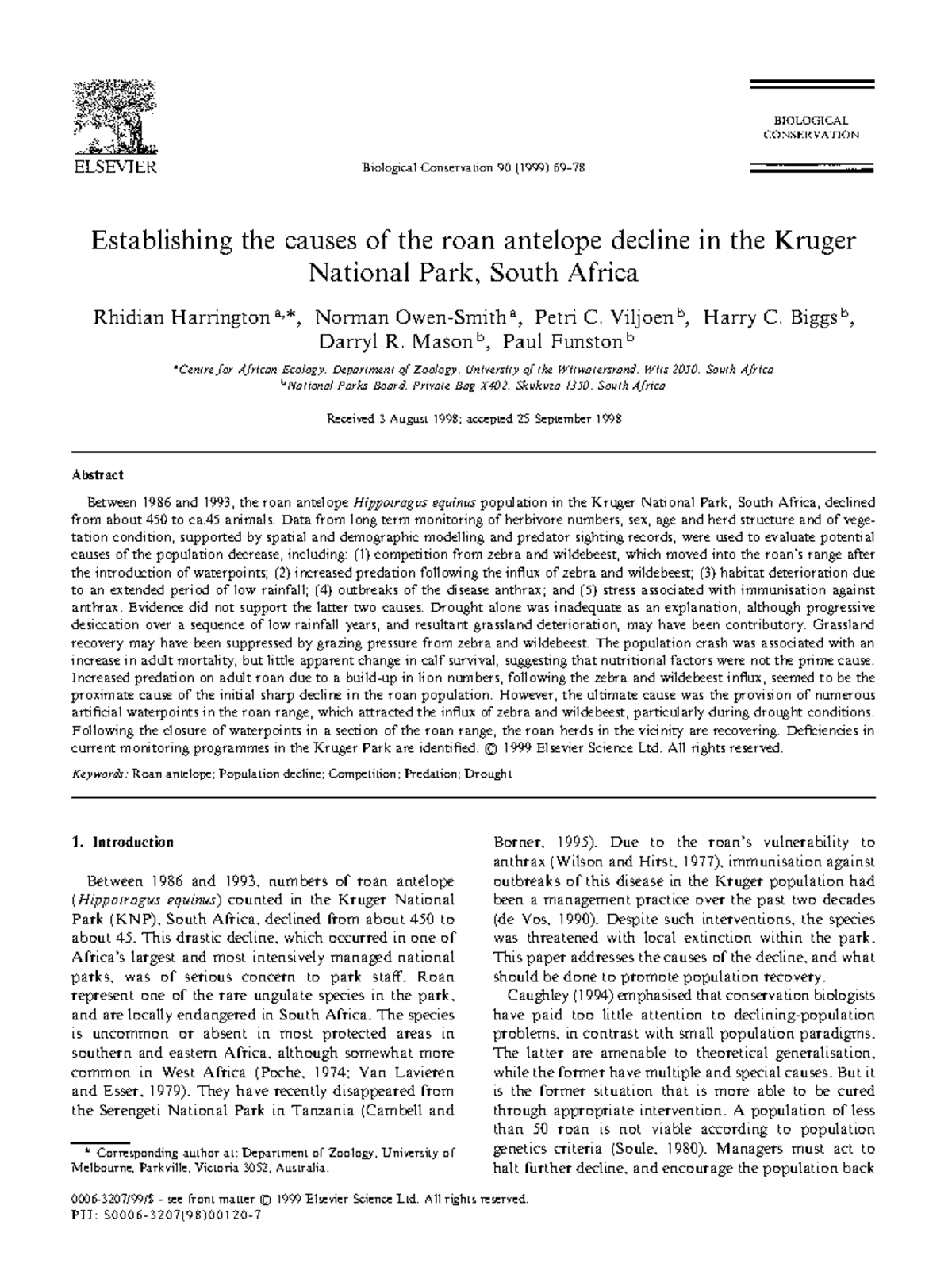 Harrington et al. 1999. Roan antelope decline in KNP - Establishing the ...