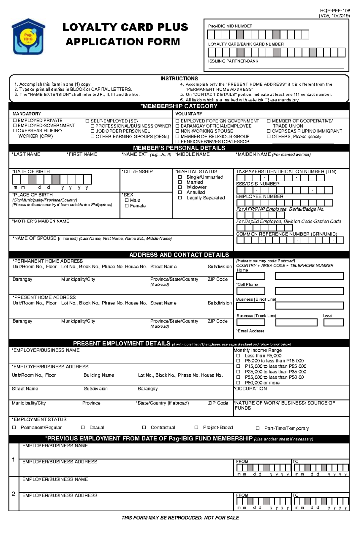 PFF108 Loyalty Card Plus Application Form V05 - Pag-IBIG MID NUMBER ...