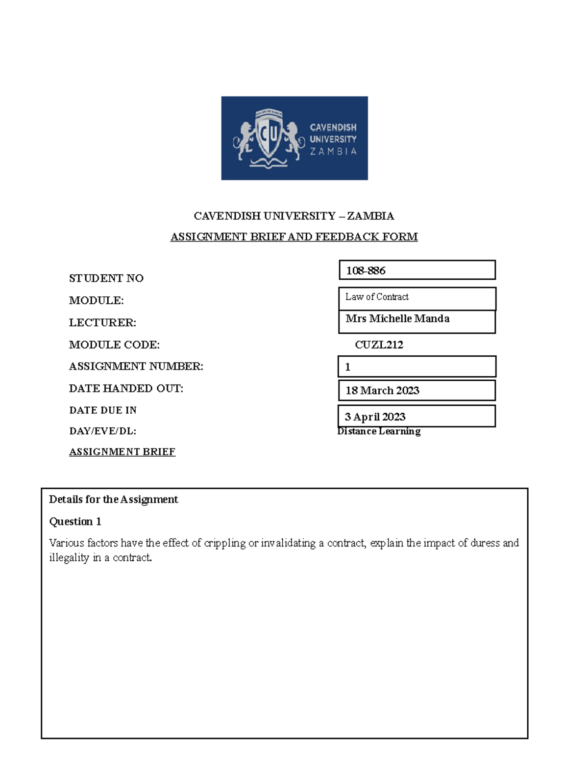 Assignment 1 Law of Contract - CAVENDISH UNIVERSITY – ZAMBIA ASSIGNMENT BRIEF AND FEEDBACK FORM ...