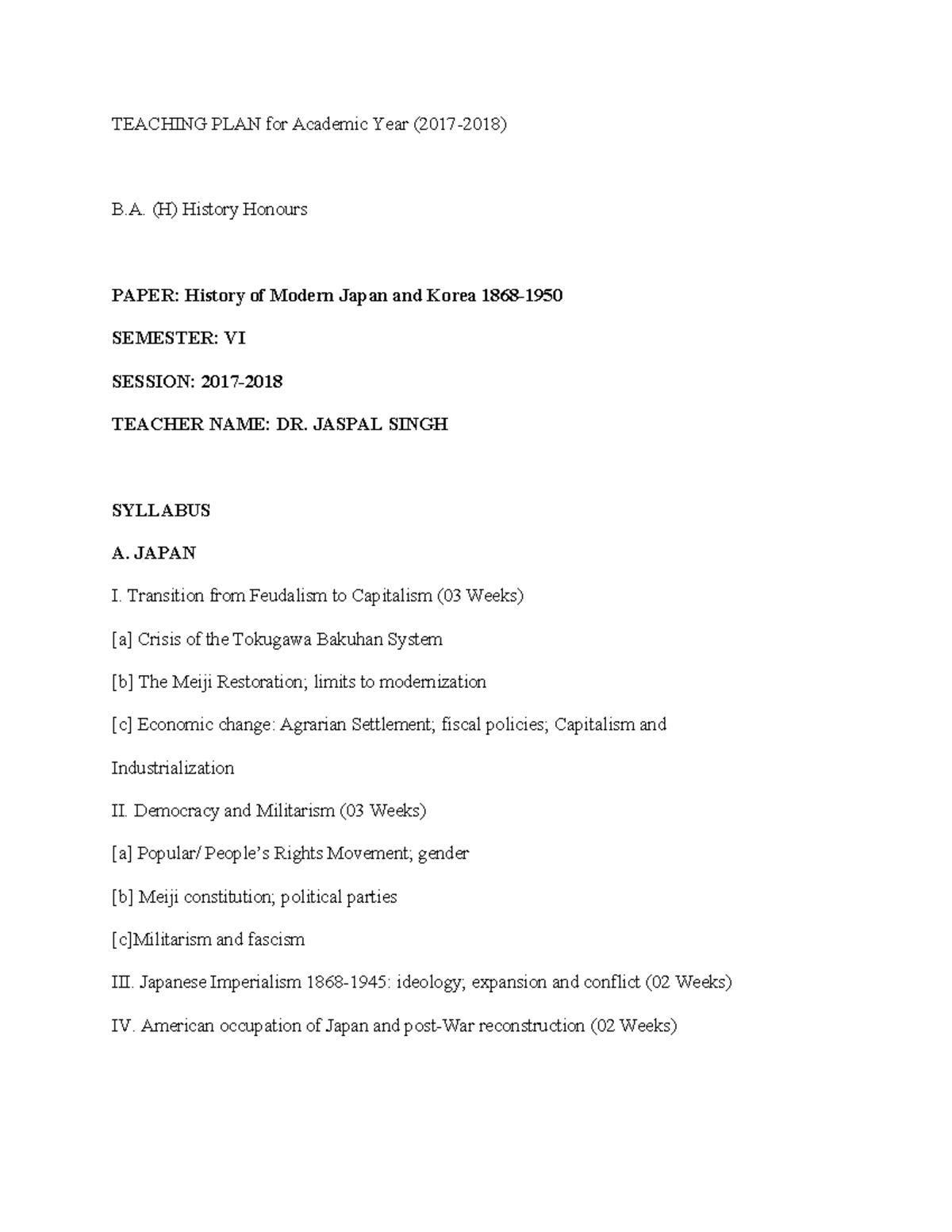 History of Modern Japan and Korea 1868-1950 - TEACHING PLAN for ...