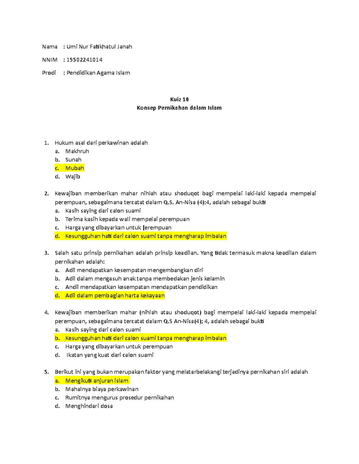 Kuiz 10 (Konsep Pernikahan dalam Islam ) - Nama : Umi Nur Fatikhatul ...