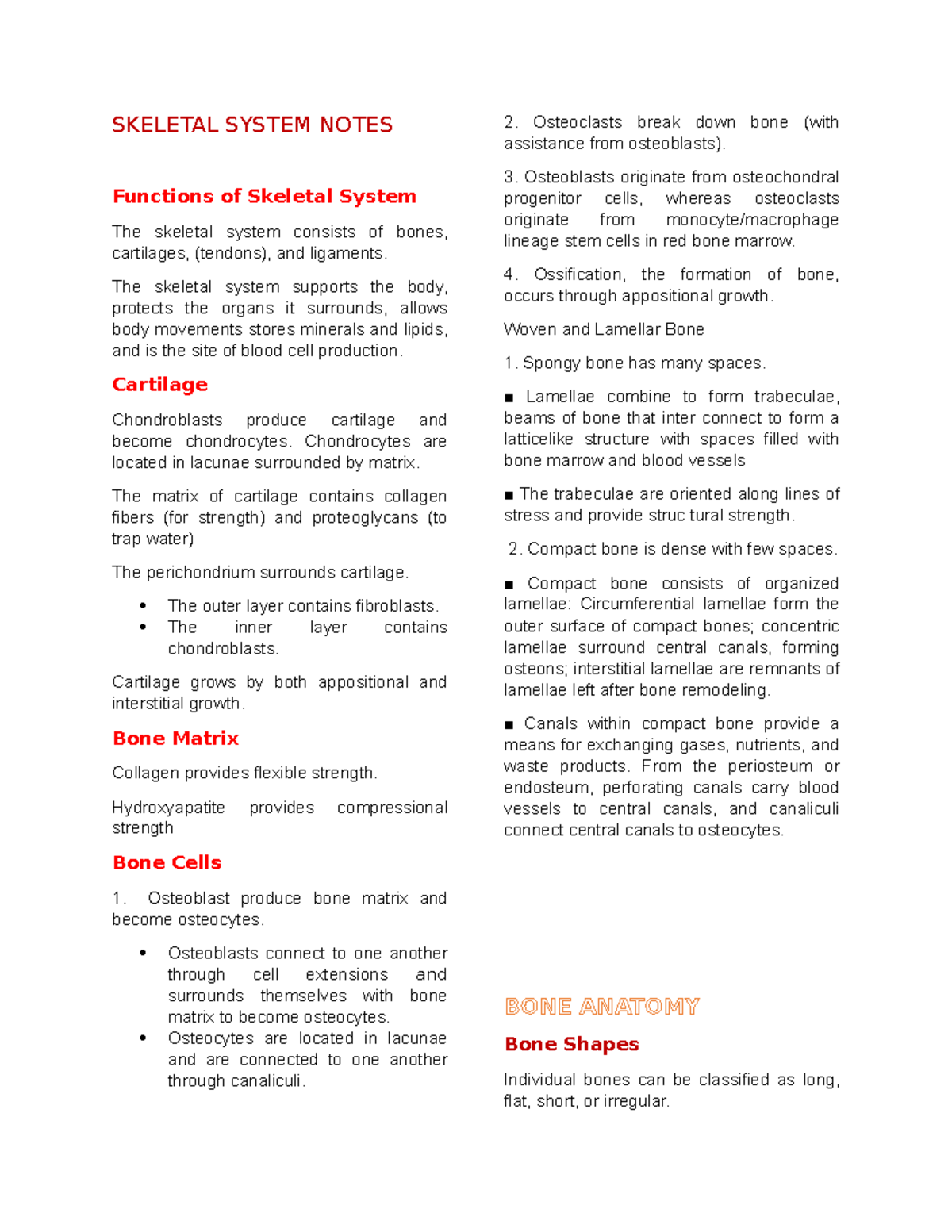 Skeletal System Notes - Summary Nursing - SKELETAL SYSTEM NOTES ...