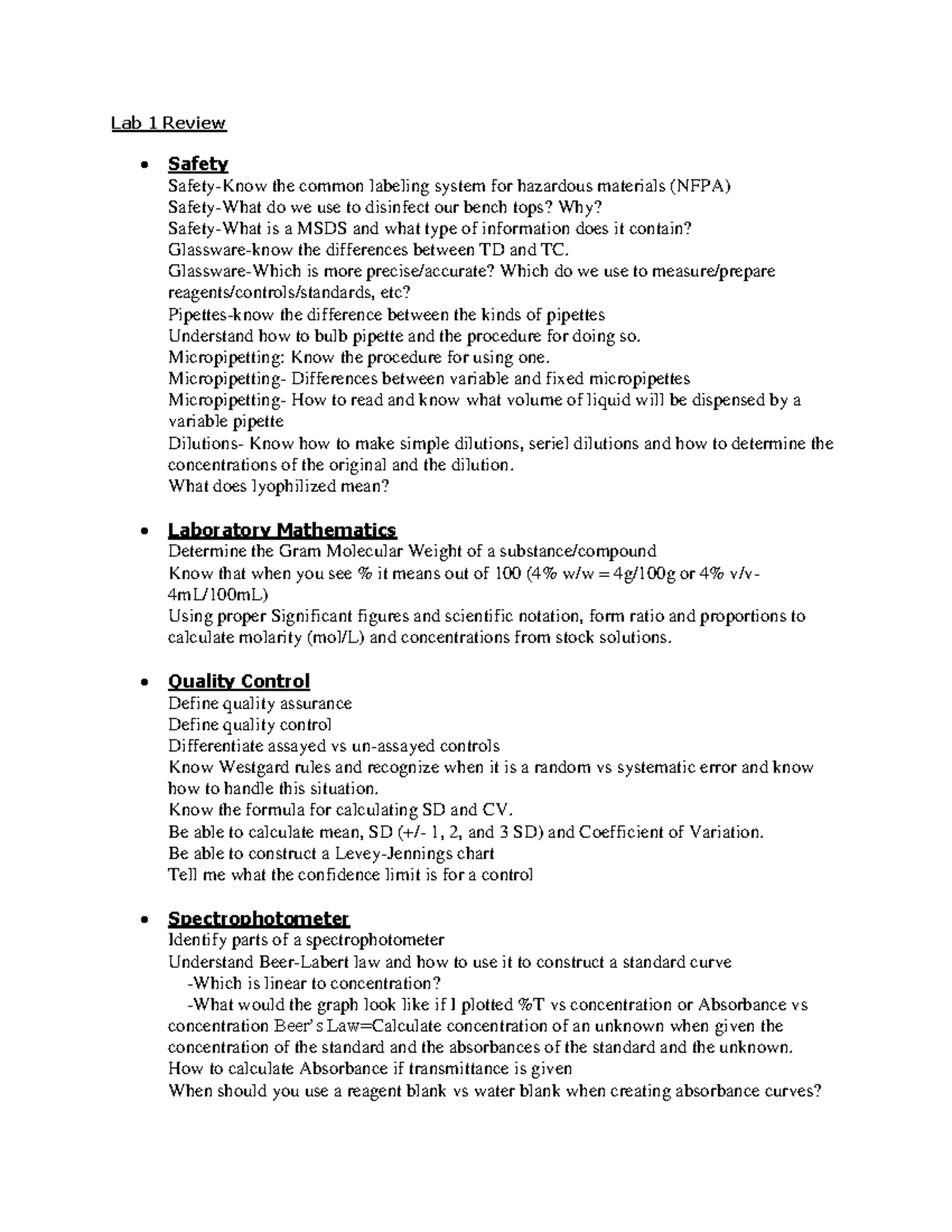 Lab Exam 1 Review - Also used in MLA - Lab 1 Review Safety Safety-Know ...