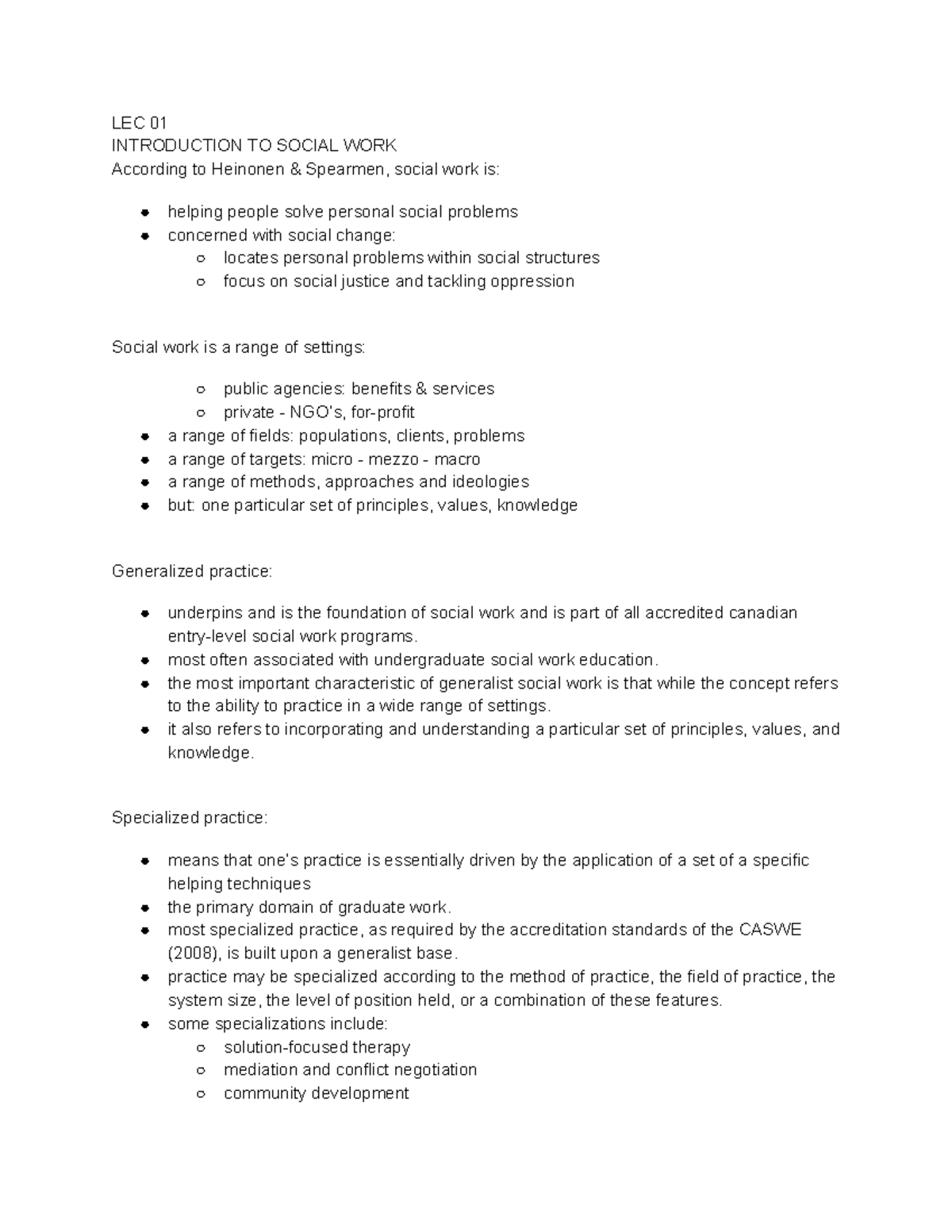 SWRK 1000H - Lecture notes 1-12 - LEC 01 INTRODUCTION TO SOCIAL WORK ...