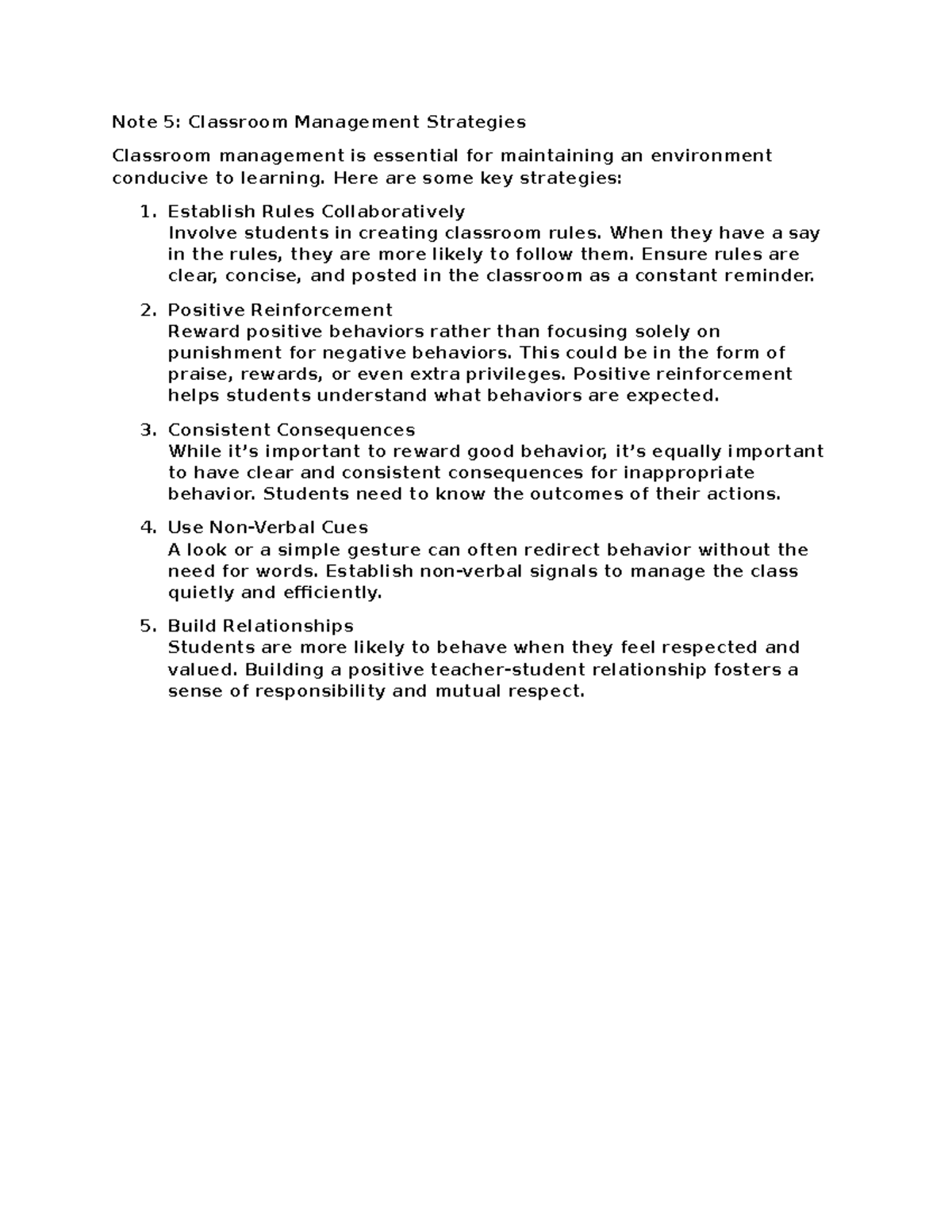 Note 5 - Educational notes - Note 5: Classroom Management Strategies ...