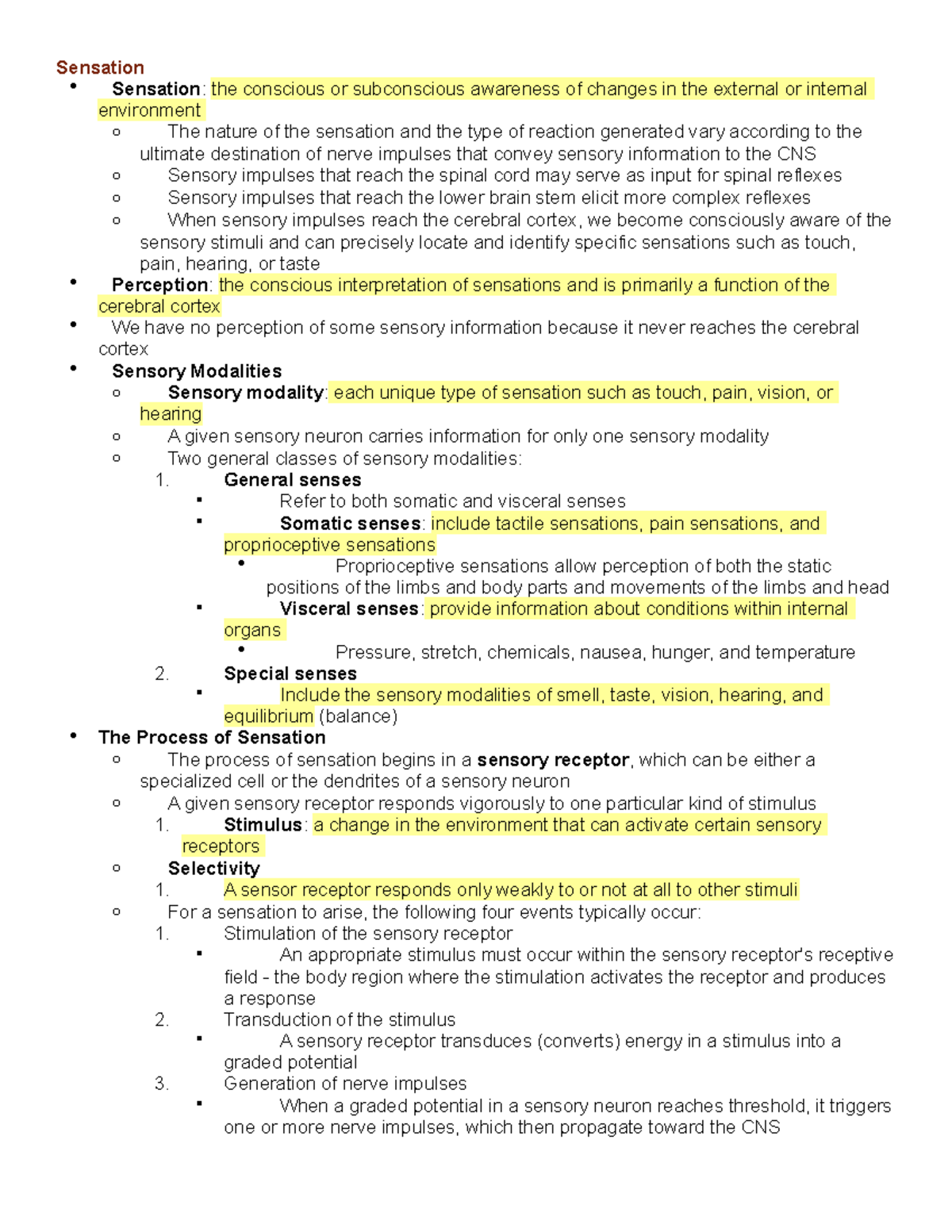 Chapter 16 Notes - Sensation Sensation : the conscious or subconscious ...