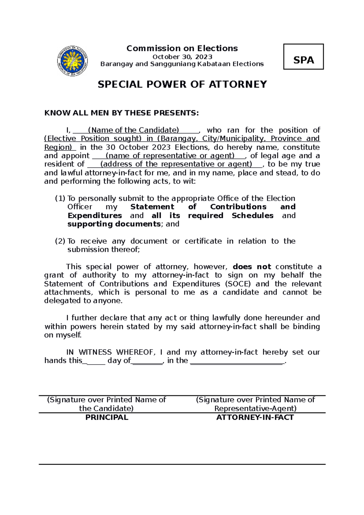 Socebske 2023SPAAuthorityto Submit SOCE - Commission on Elections ...