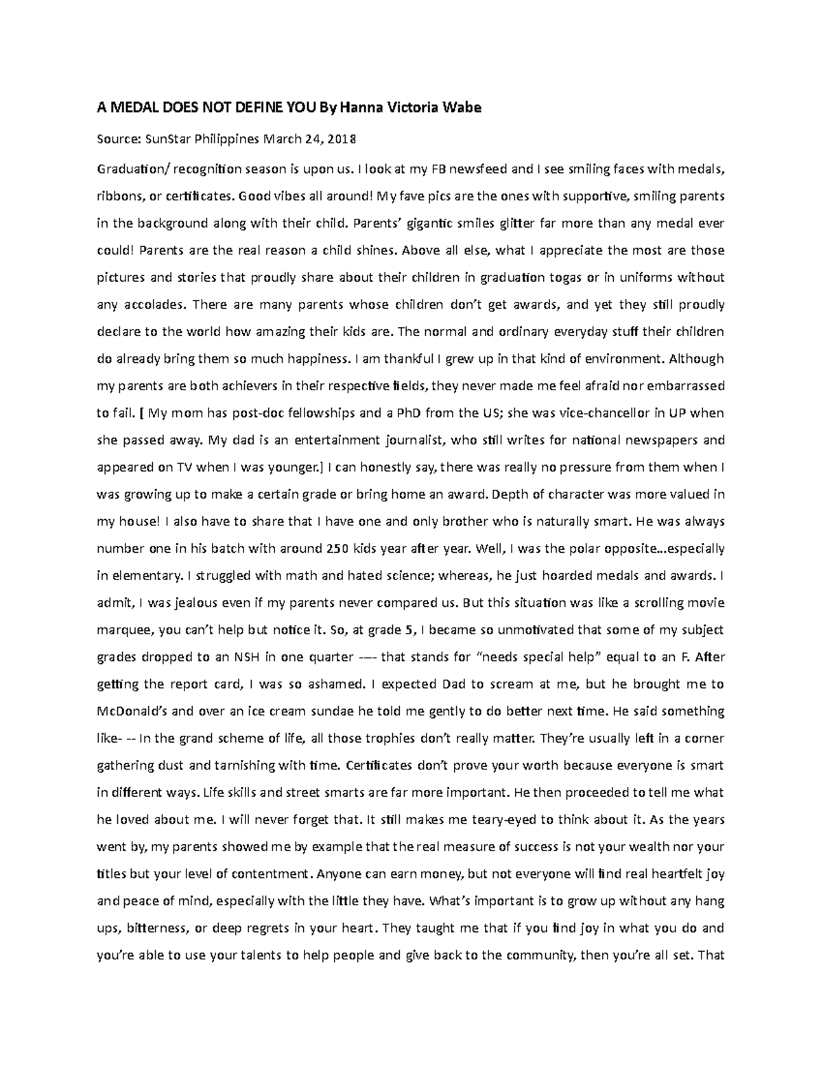 A Medal DOES NOT Define YOU By Hanna Victoria Wabe - A MEDAL DOES NOT ...