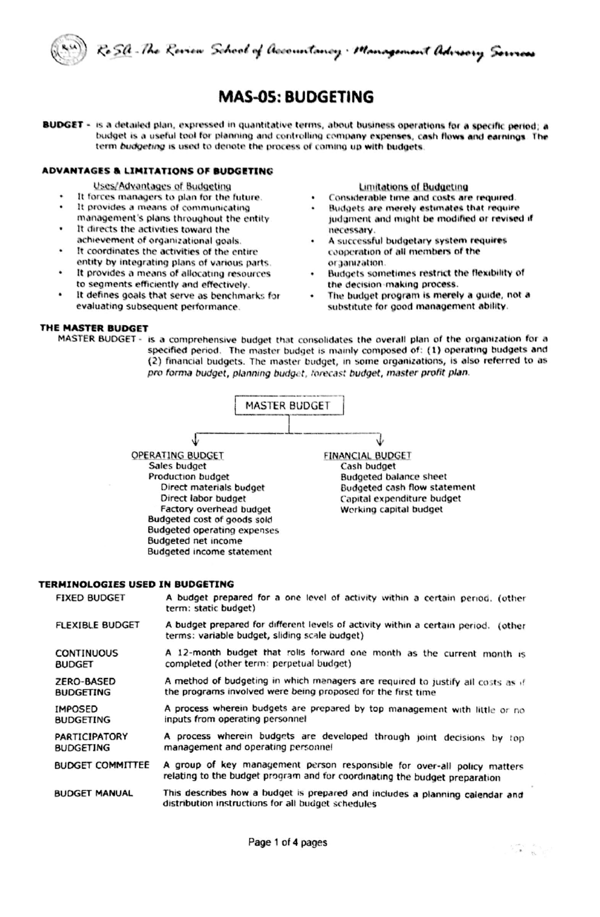 MAS 05 - Budgeting - BS accountancy - Studocu