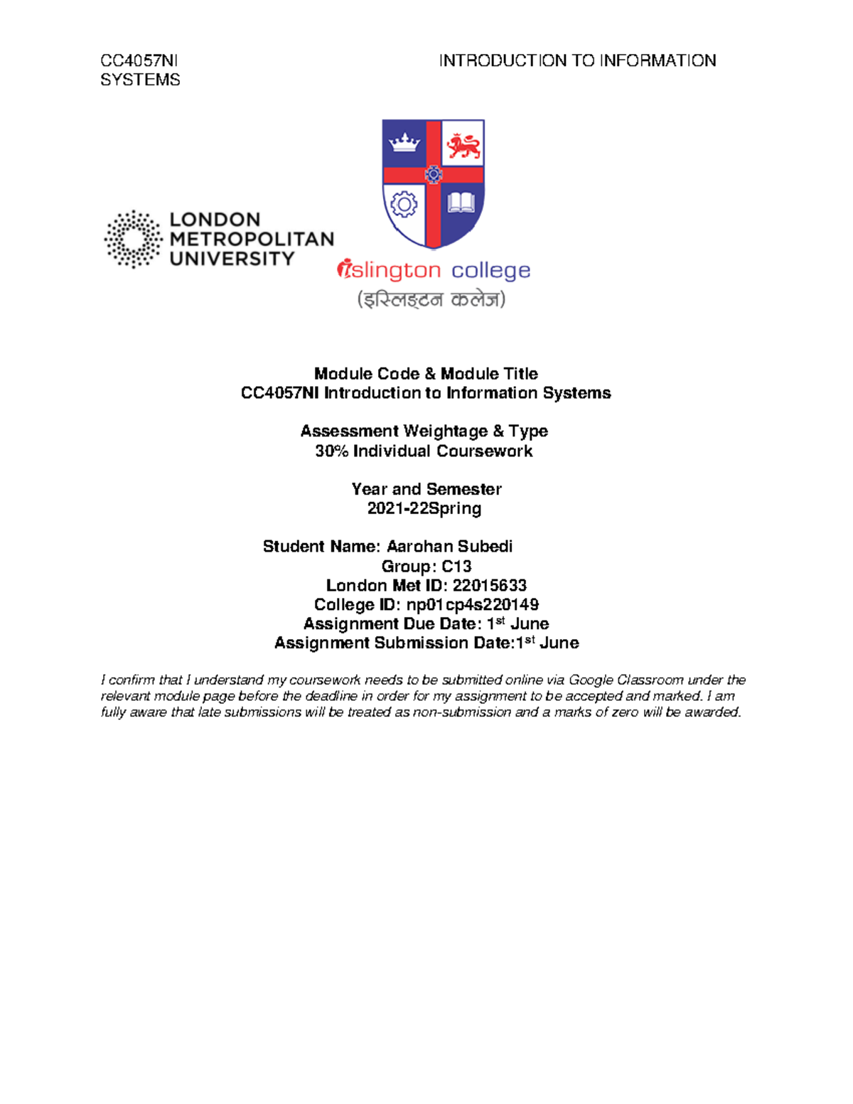 22015 633 Aarohan Subedi - SYSTEMS Module Code & Module Title CC4057NI Introduction to - Studocu