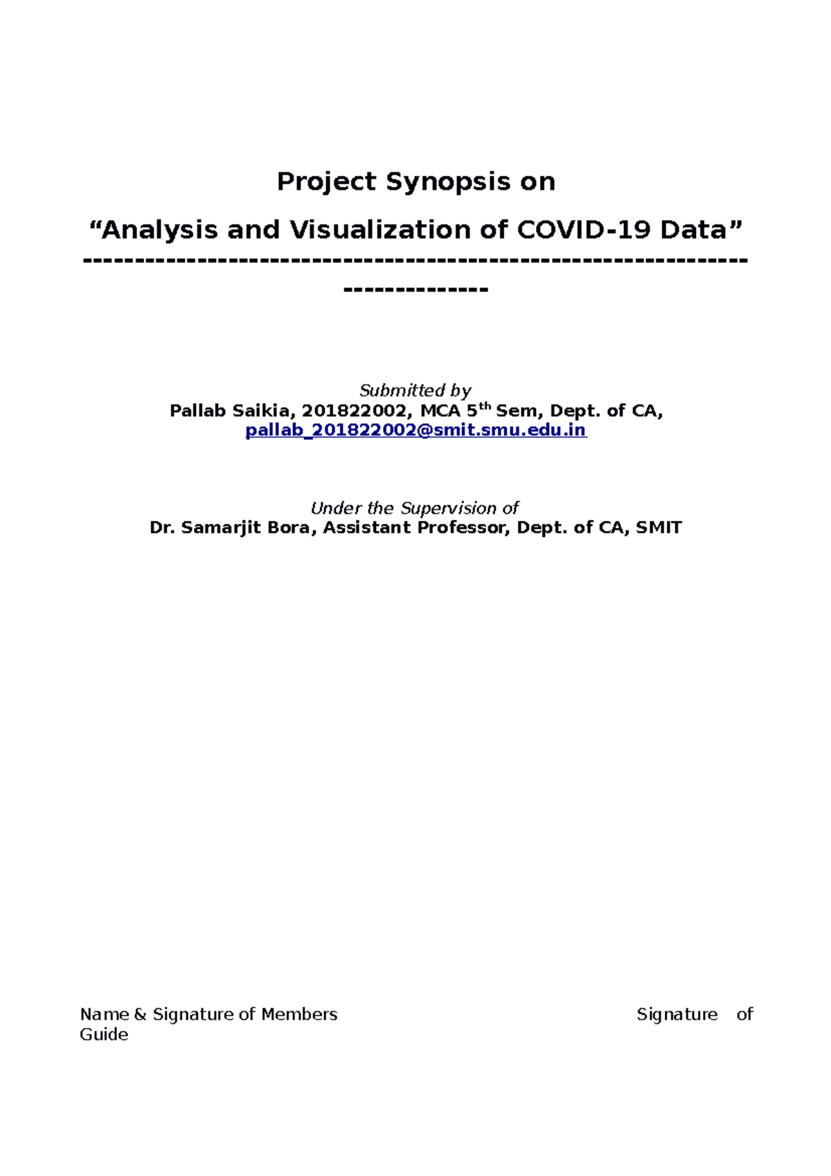 Mini project - Project Synopsis on “Analysis and Visualization of COVID ...