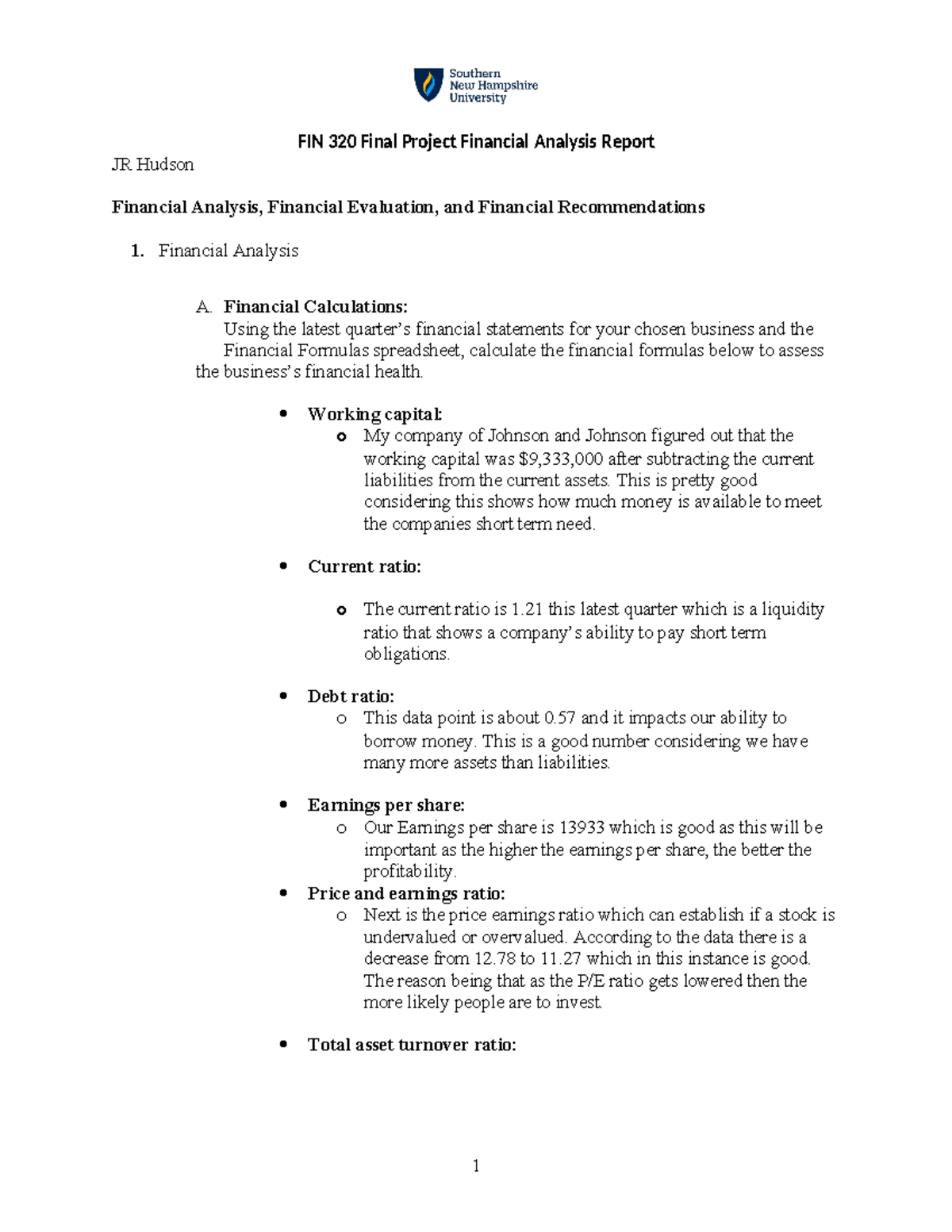 FIN 320 Final Project Financial Analysis Report - Financial ...