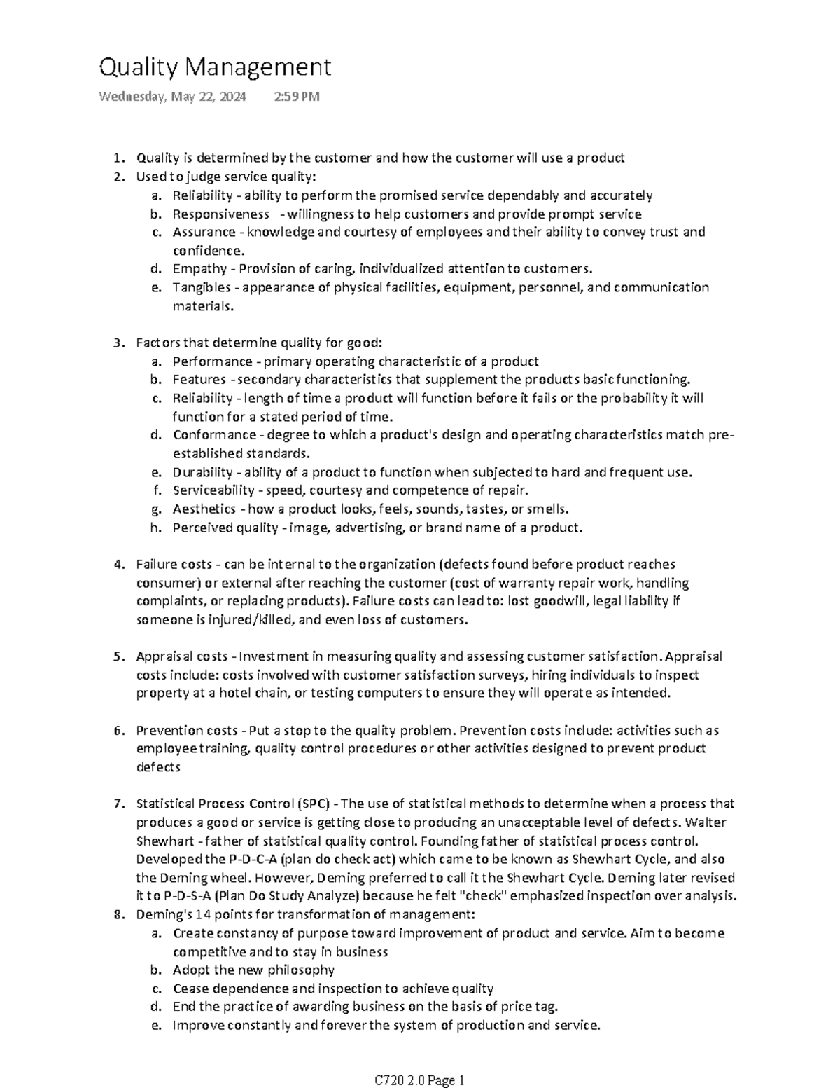 Quality Management - Notes - Quality is determined by the customer and ...