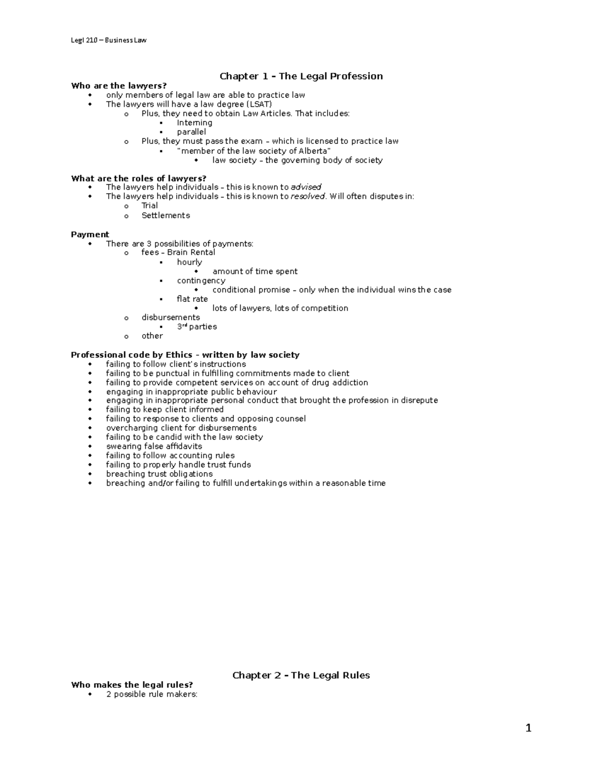 Lecture notes - Notes from the entire semester - Legl 210 Business Law ...