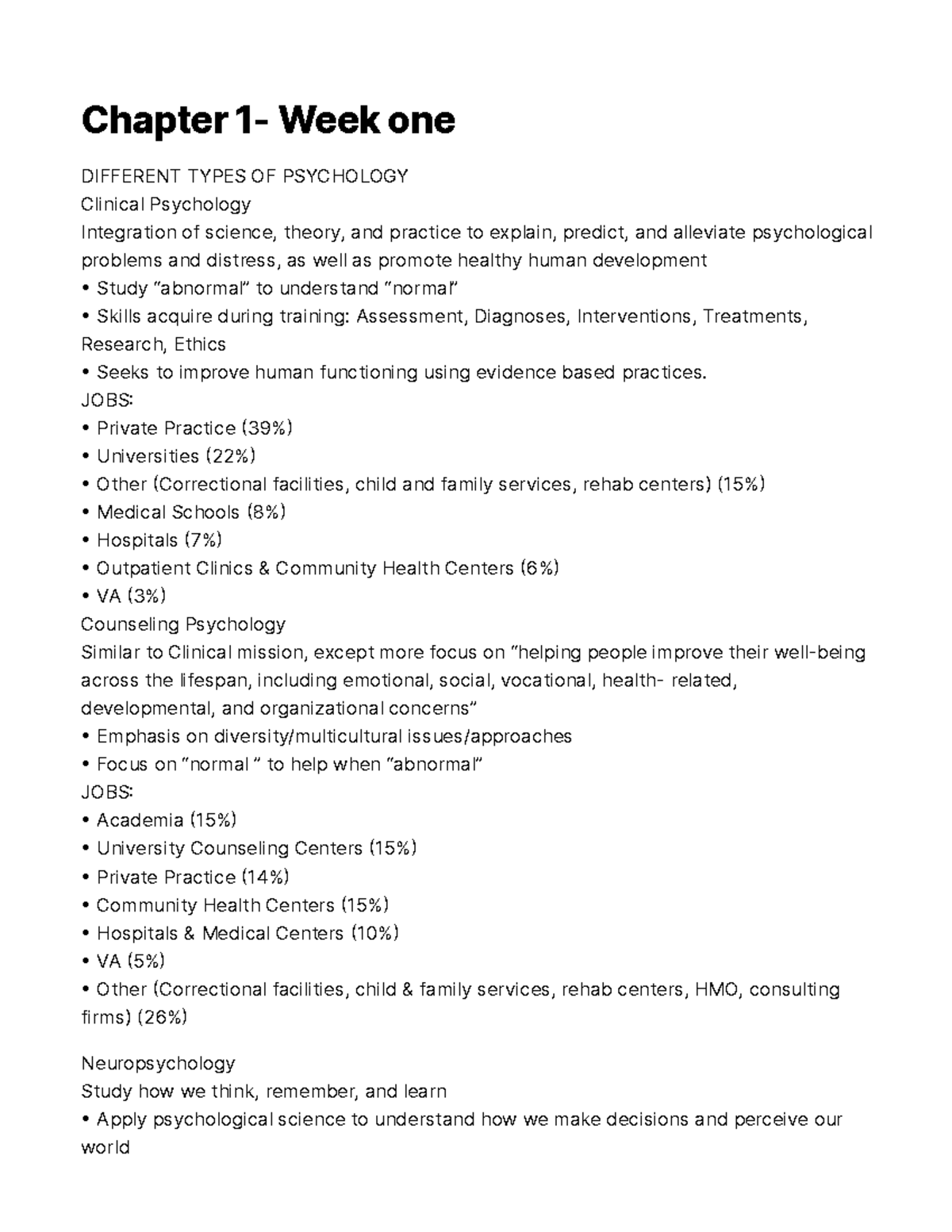 Psychology as a Science and a Profession - Chapter 1- Week one - Chapter 1- Week one DIFFERENT ...