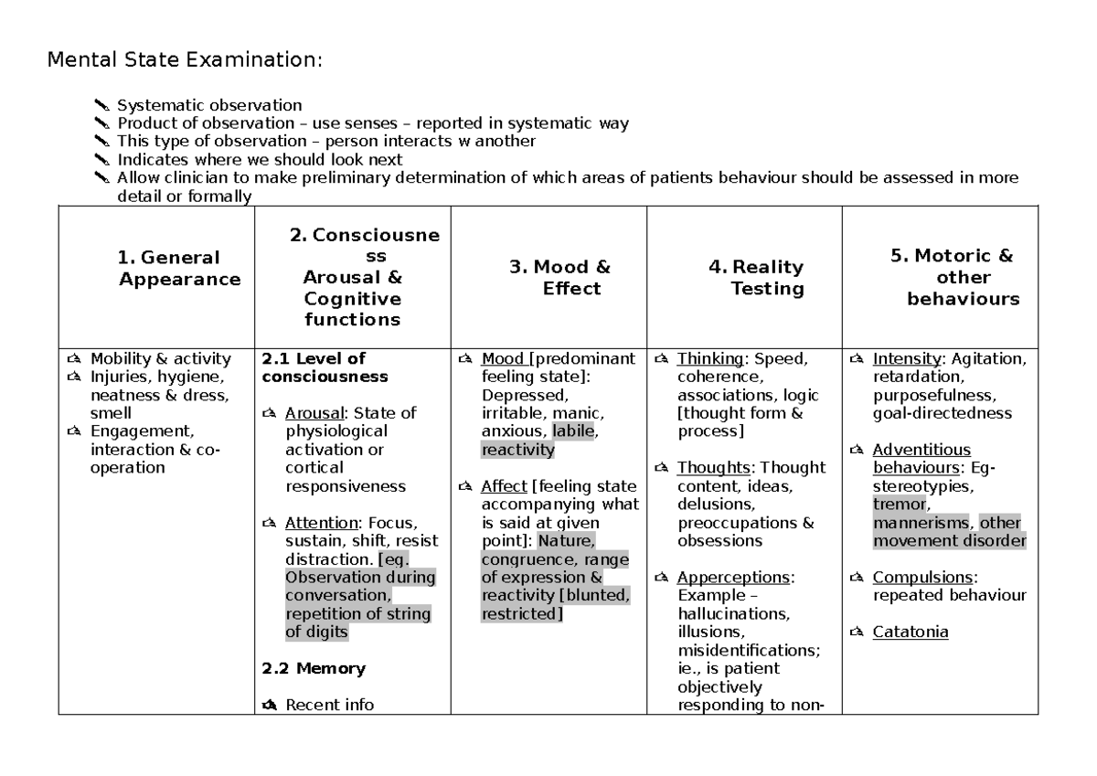 Mental State Examination - General Appearance 2. Consciousne ss Arousal ...