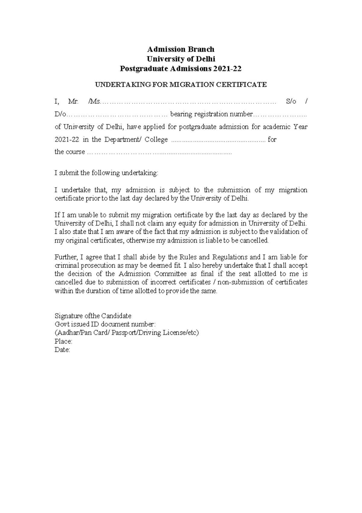 30 DAYS POSTER FORT - Admission Branch University of Delhi UNDERTAKING FOR MIGRATION CERTIFICATE ...
