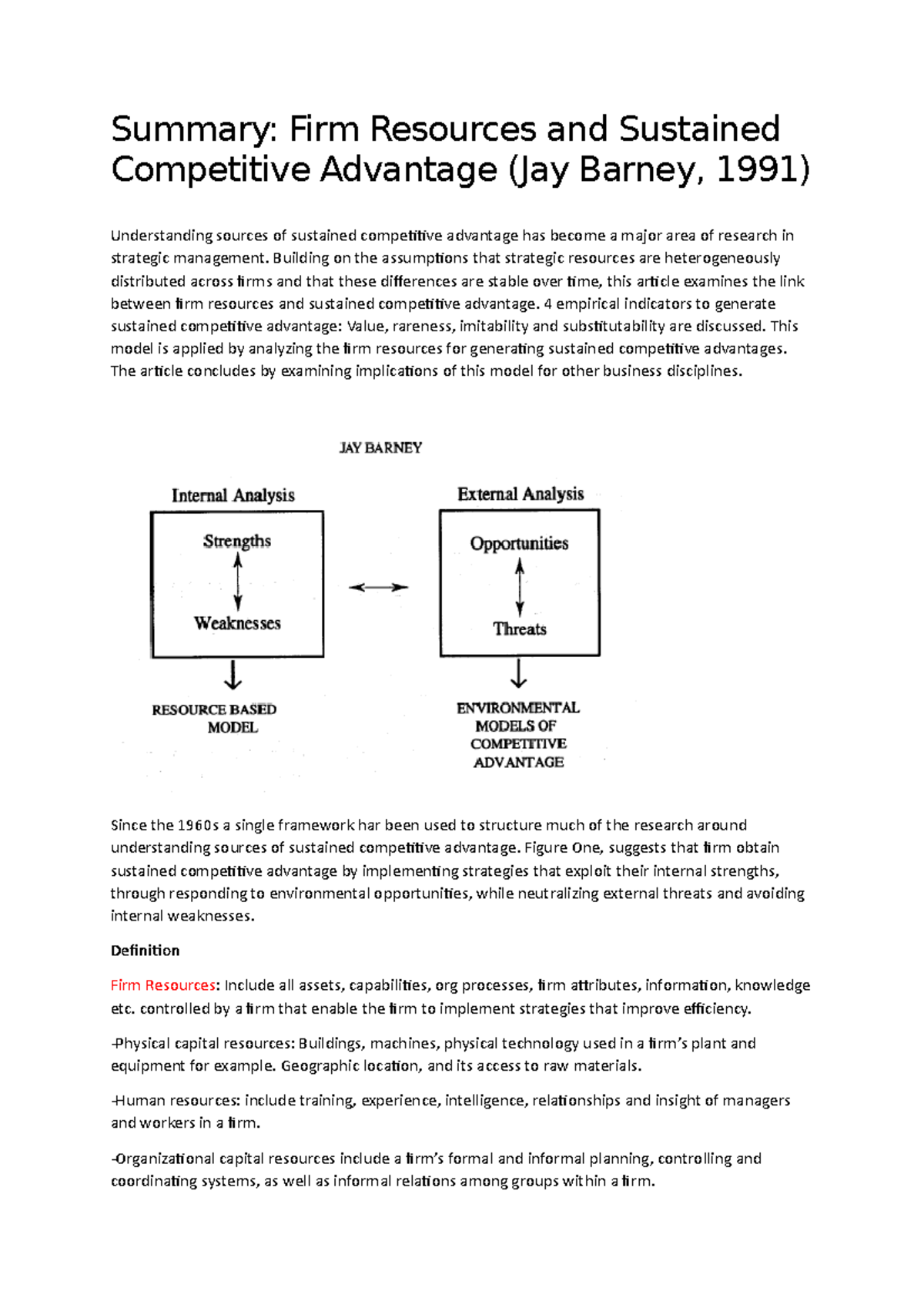 Summary Firm Resources and Sustained Competitive Advantage (Jay Barney ...