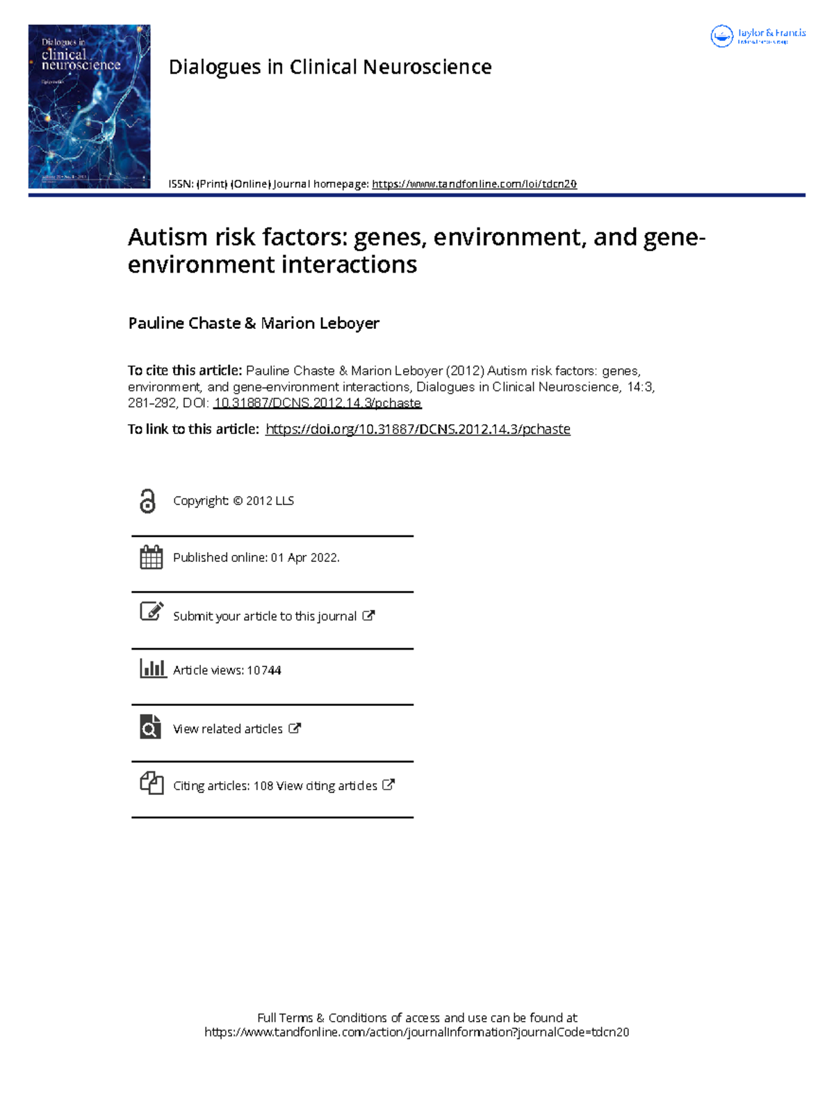 Autism risk factors genes environment and gene environment interactions ...