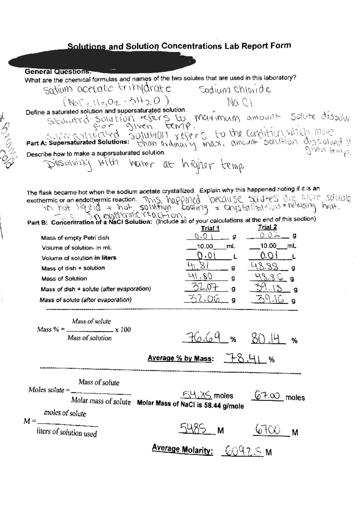 Solutions and concentration lab chemistry (filled out) docu - CHEM 095 ...
