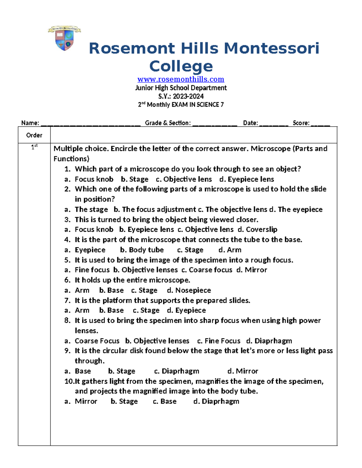 2nd monthly exam grade 7 Science - Rosemont Hills Montessori College ...