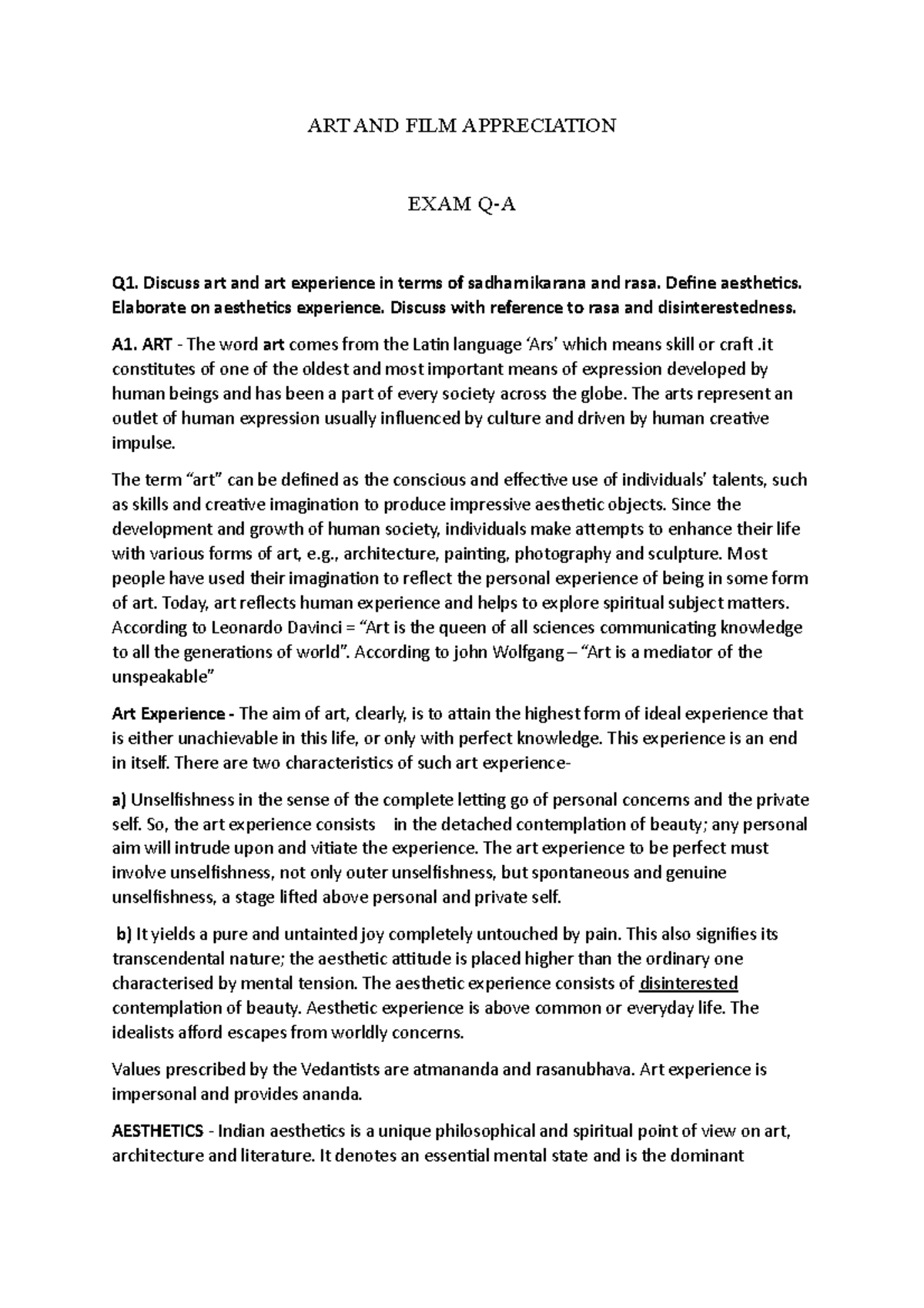 ART AND FILM Appreciation Q and A - ART AND FILM APPRECIATION EXAM Q-A ...