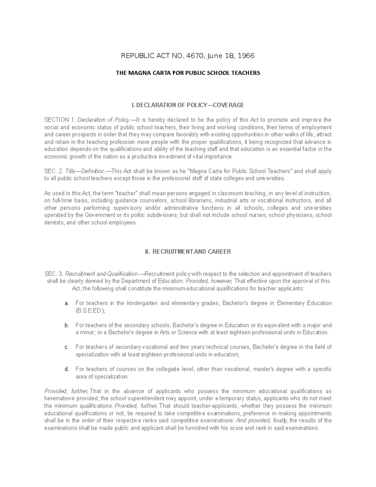 R.A. 4670 - Magna Carta for Public School Teachers - REPUBLIC ACT NO ...