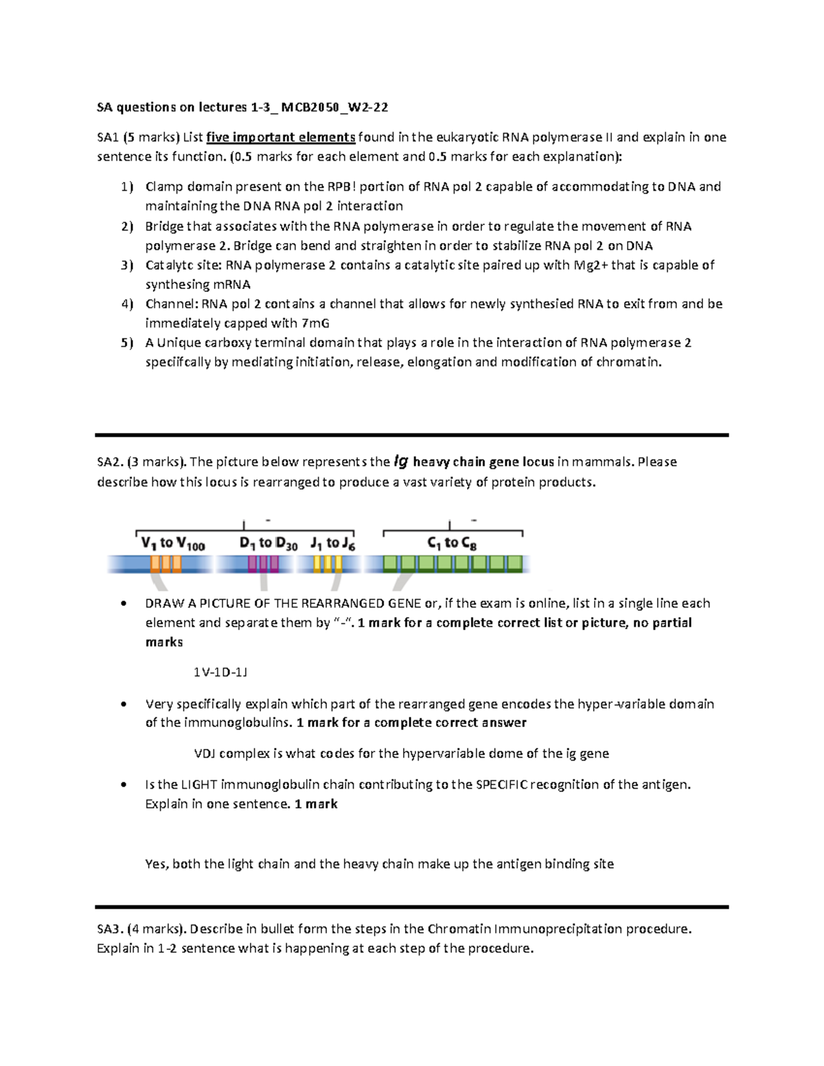 SA questions on lectures 1-3 MCB2050 - SA questions on lectures 1- 3 ...