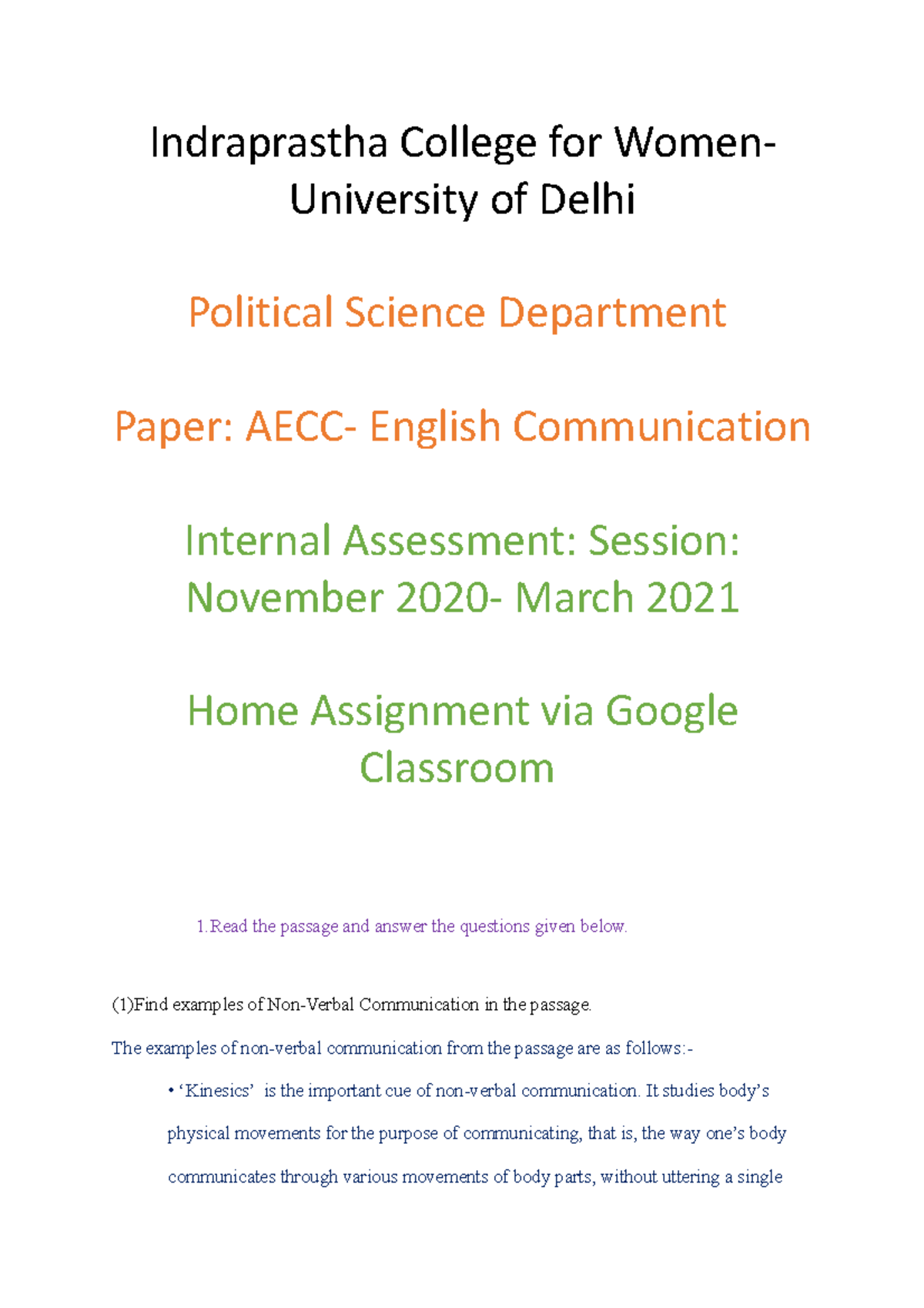 Document - Home assignment - Indraprastha College for Women- University ...