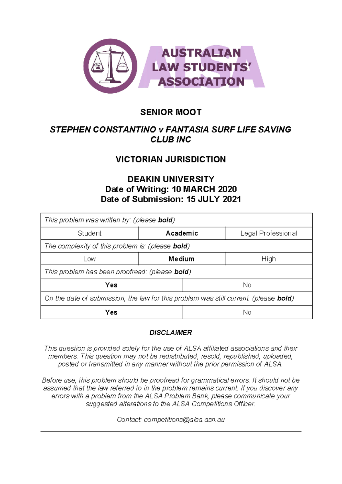 Stephen Constantino v Fantasia Surf Life Saving - SENIOR MOOT STEPHEN ...