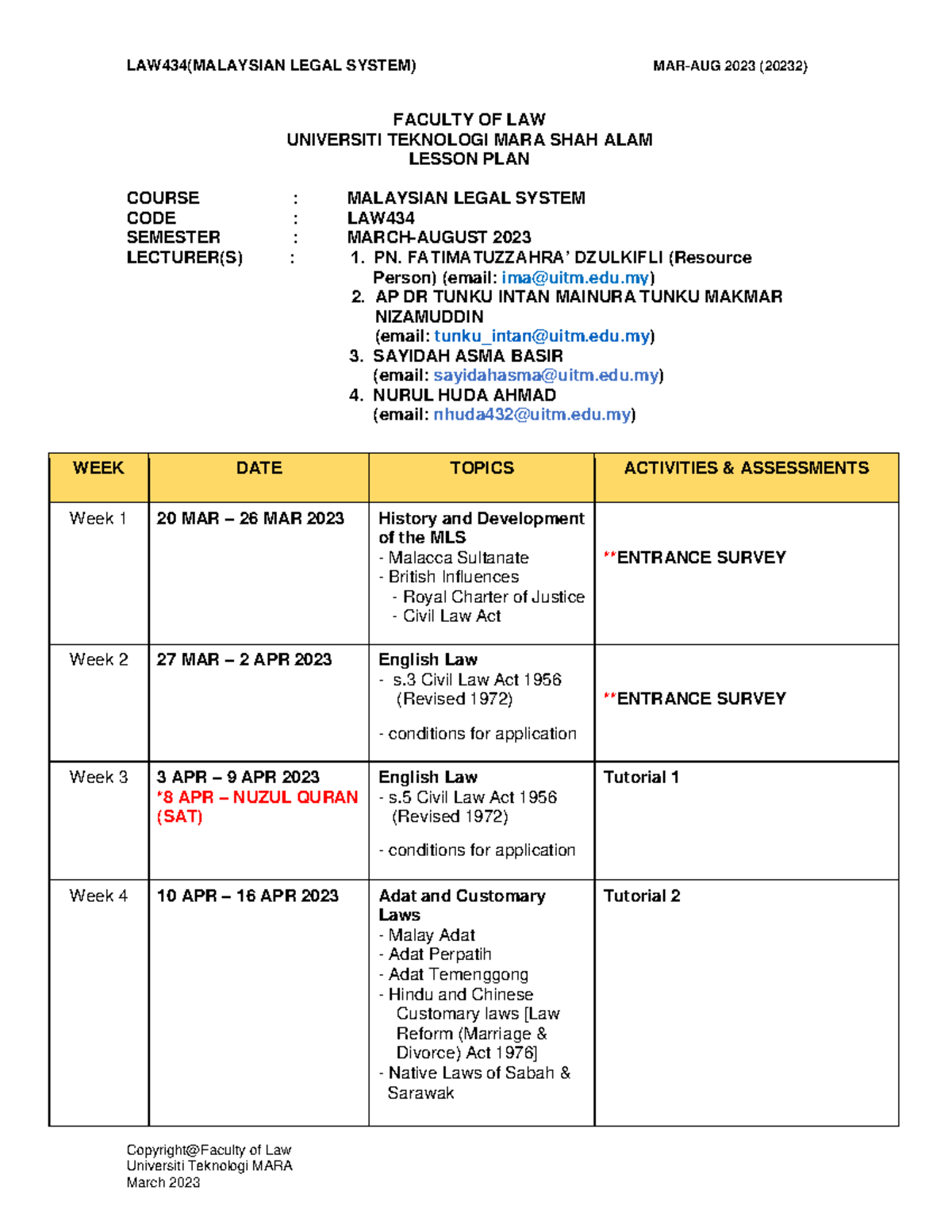 LAW434 Lesson PLAN SEM March - August 2023 - Copyright@Faculty of Law ...