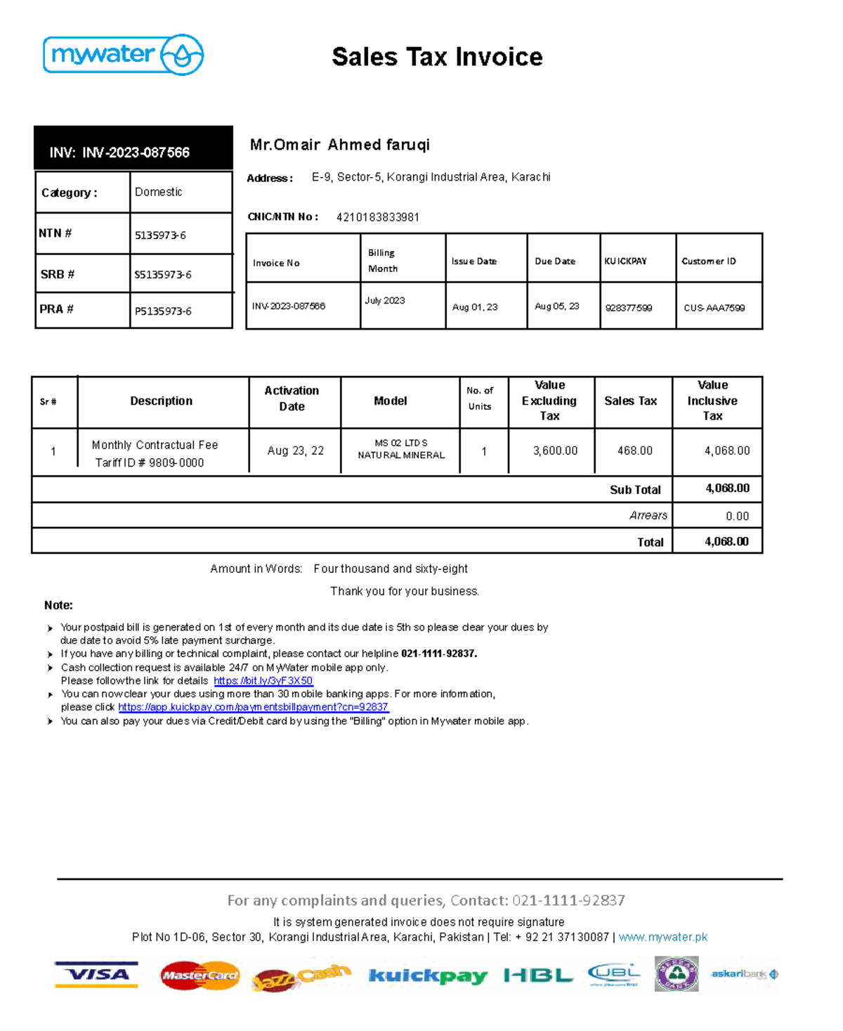 My Water Invoice INV-2023-087566 - Sales Tax Invoice Value Inclusive ...
