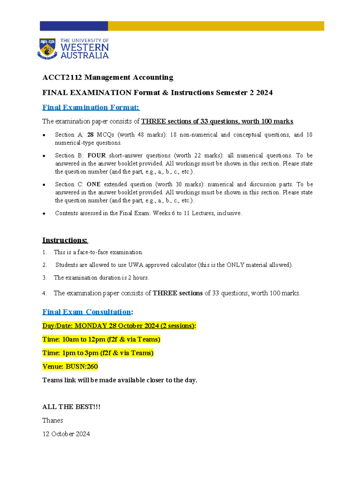 2 ACCT2112 FE Format & Instructions S2 2024 - ACCT2112 Management Accounting FINAL EXAMINATION ...