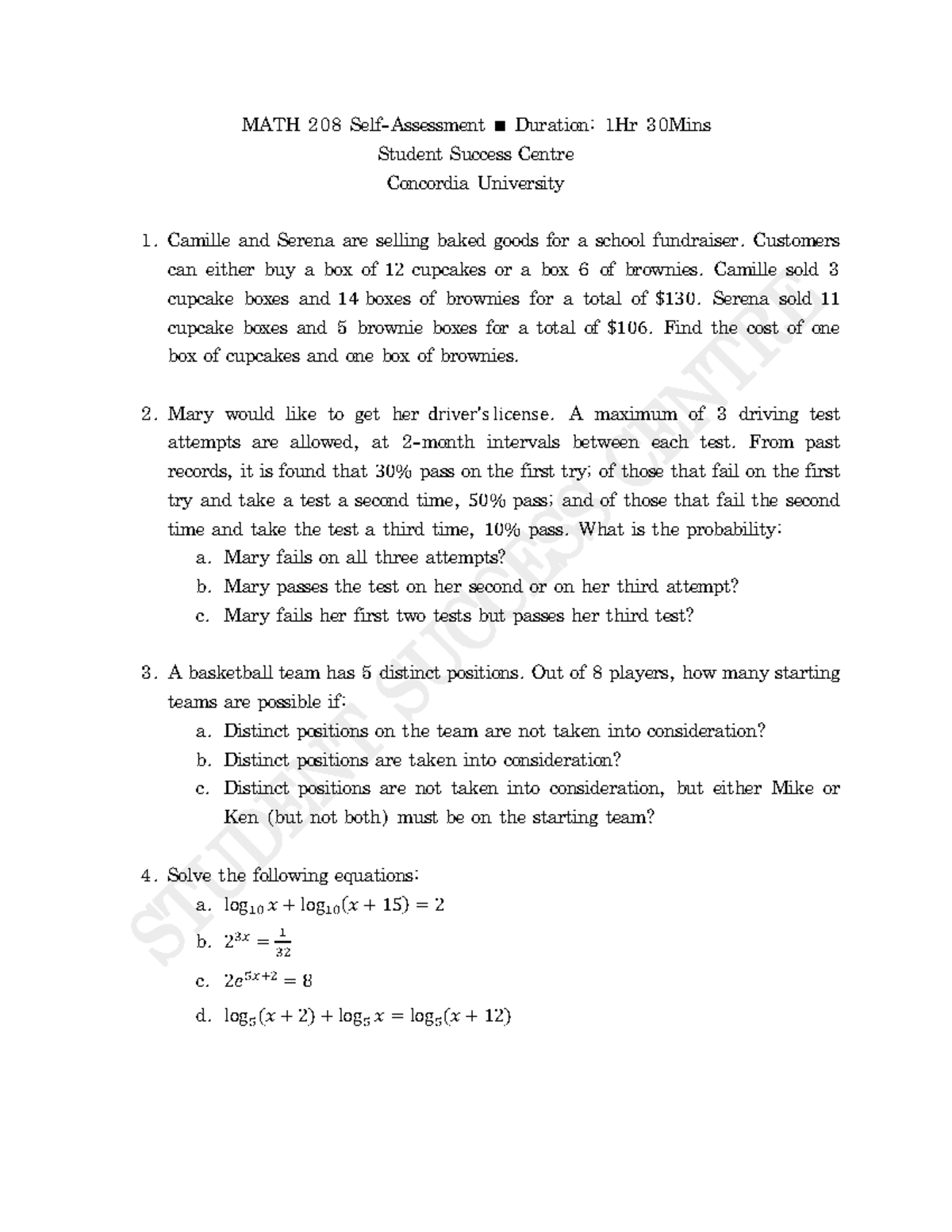 Math 208 self assessment - MATH 208 Self-Assessment . Duration: 1Hr ...
