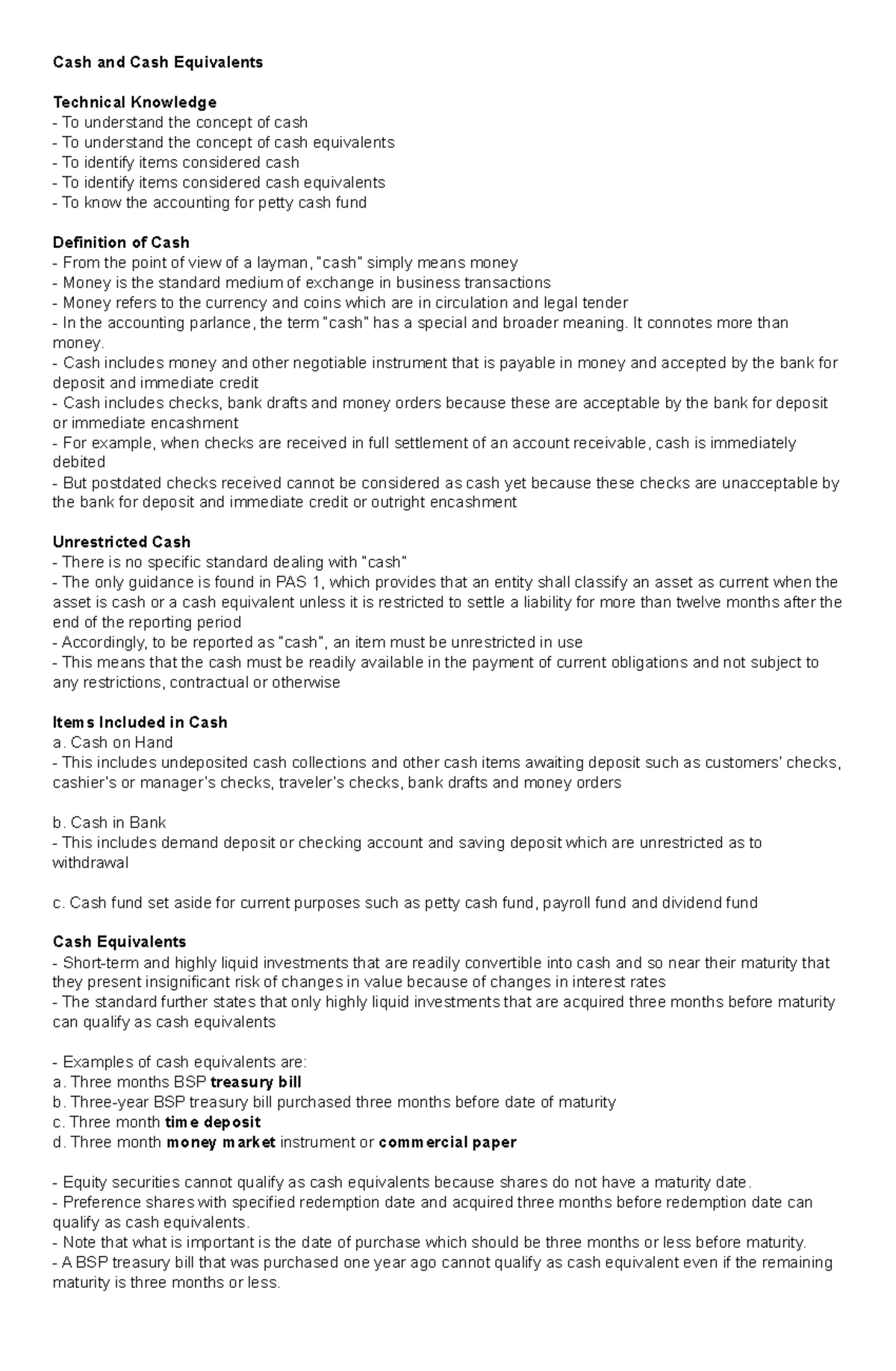 Cash Topics - Notes - Cash and Cash Equivalents Technical Knowledge To ...