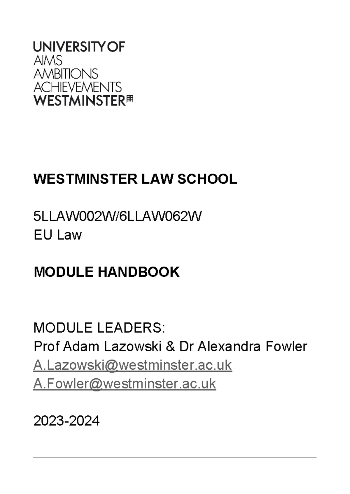 EU Law Module Handbook.Final. 2023-2024 - WESTMINSTER LAW SCHOOL ...