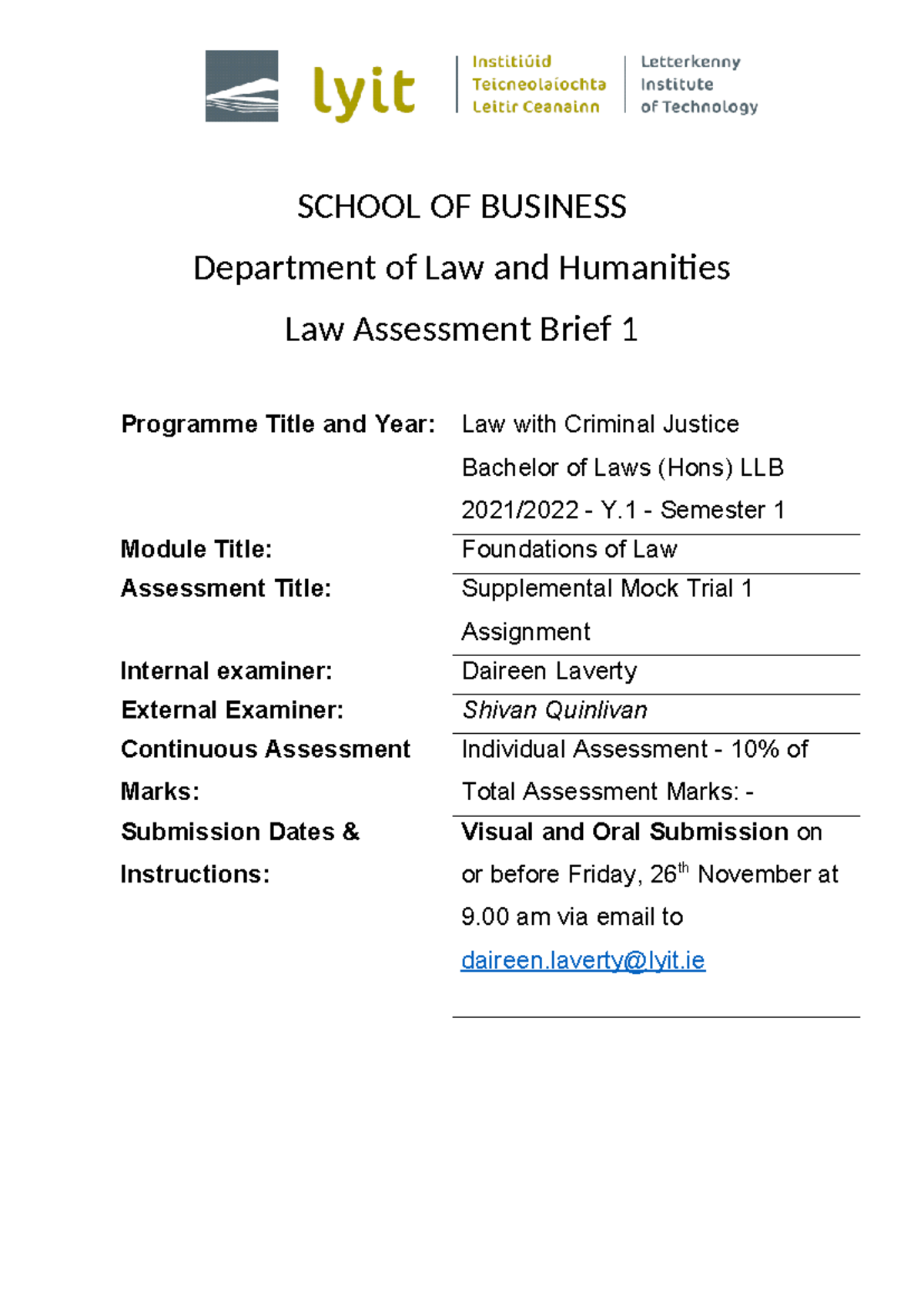 Visual assignment completed - SCHOOL OF BUSINESS Department of Law and ...