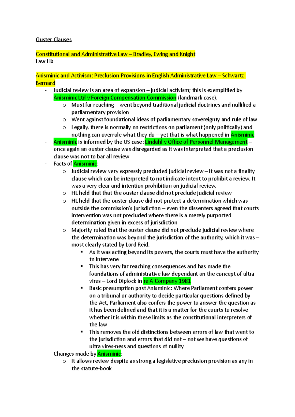 Seminar 6 Notes - Ouster Clauses Constitutional and Administrative Law ...