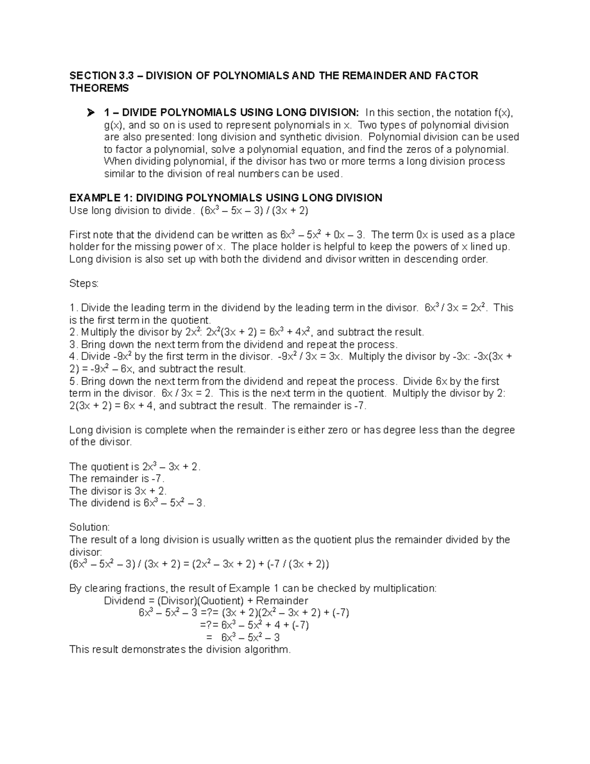 Section 3 - SECTION 3 – DIVISION OF POLYNOMIALS AND THE REMAINDER AND ...