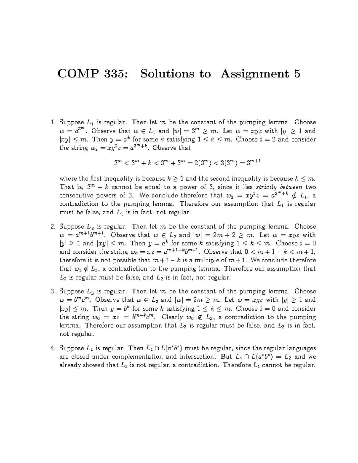 Soln5 - COMP 335: Solutions to Assignment 5 SupposeL 1 is regular. Then letmbe the constant of ...